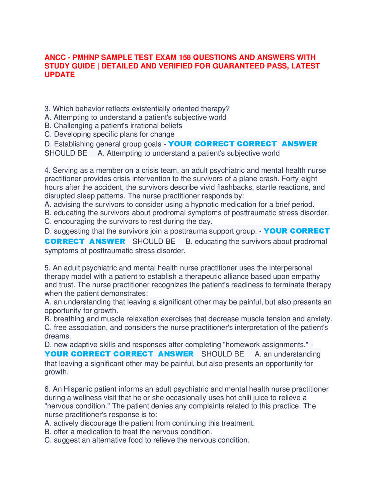 ANCC - PMHNP SAMPLE TEST EXAM 158 QUESTIONS AND ANSWERS WITH STUDY ...