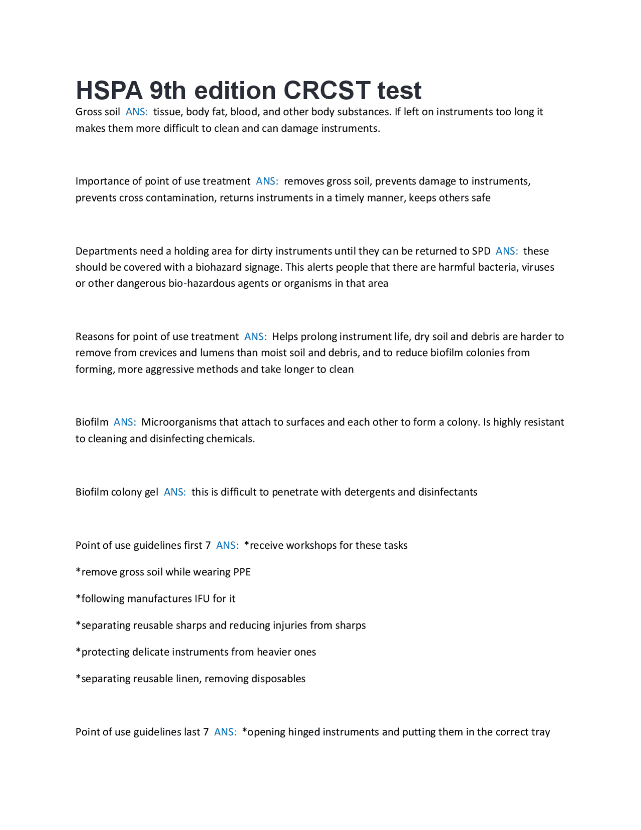 HSPA 9th edition CRCST test. 150 questions and answers | Exams Nursing ...