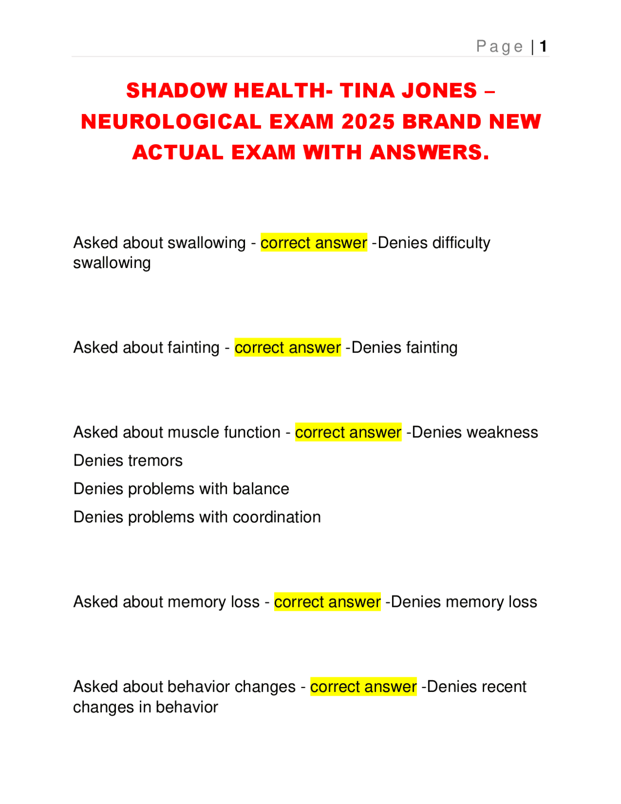 SHADOW HEALTH- TINA JONES – NEUROLOGICAL EXAM 2025 BRAND NEW ACTUAL ...