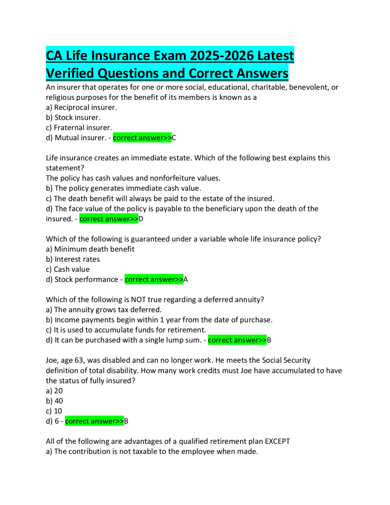 CA Life Insurance Exam 2025-2026 Latest Verified Questions and Correct ...