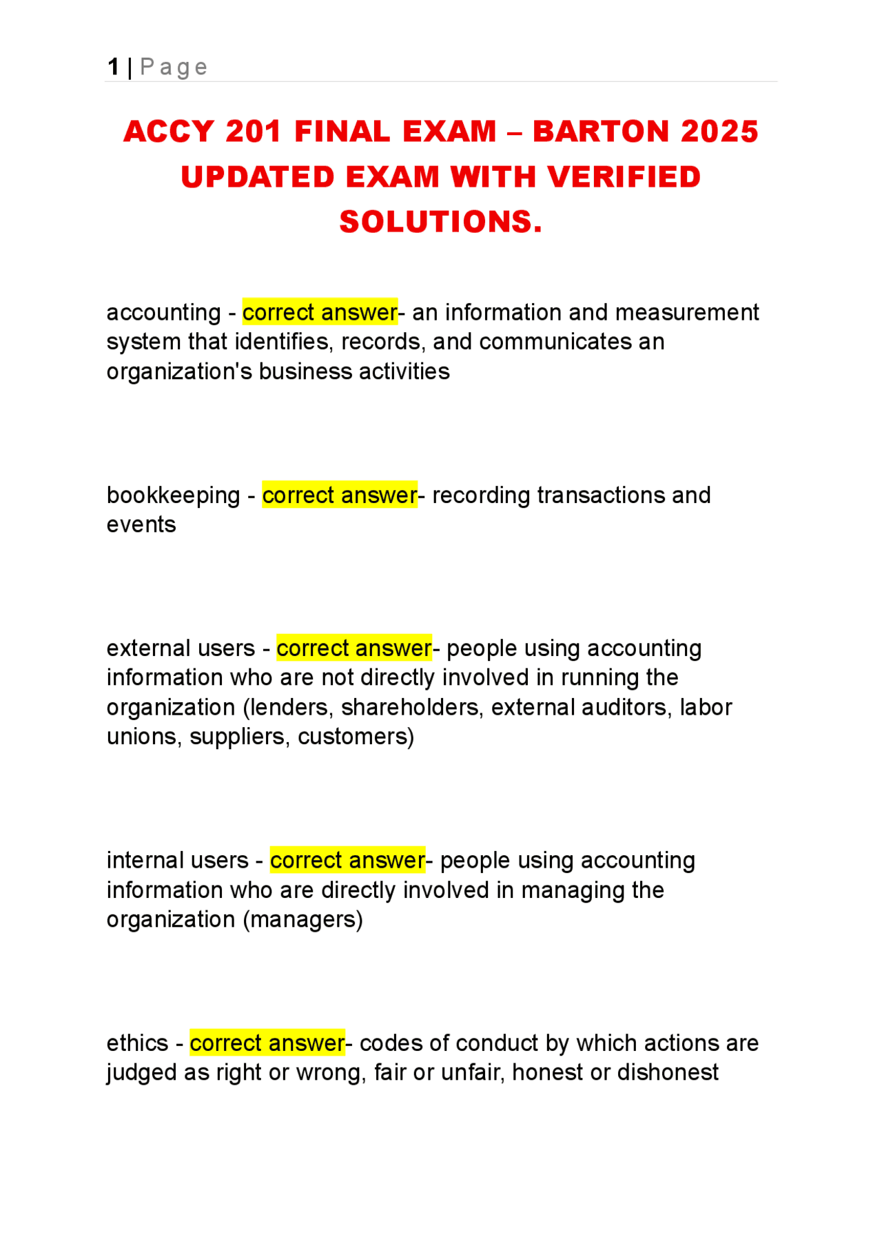 ACCY 201 Final Exam Study Guide: Verified Solutions and Key Accounting ...