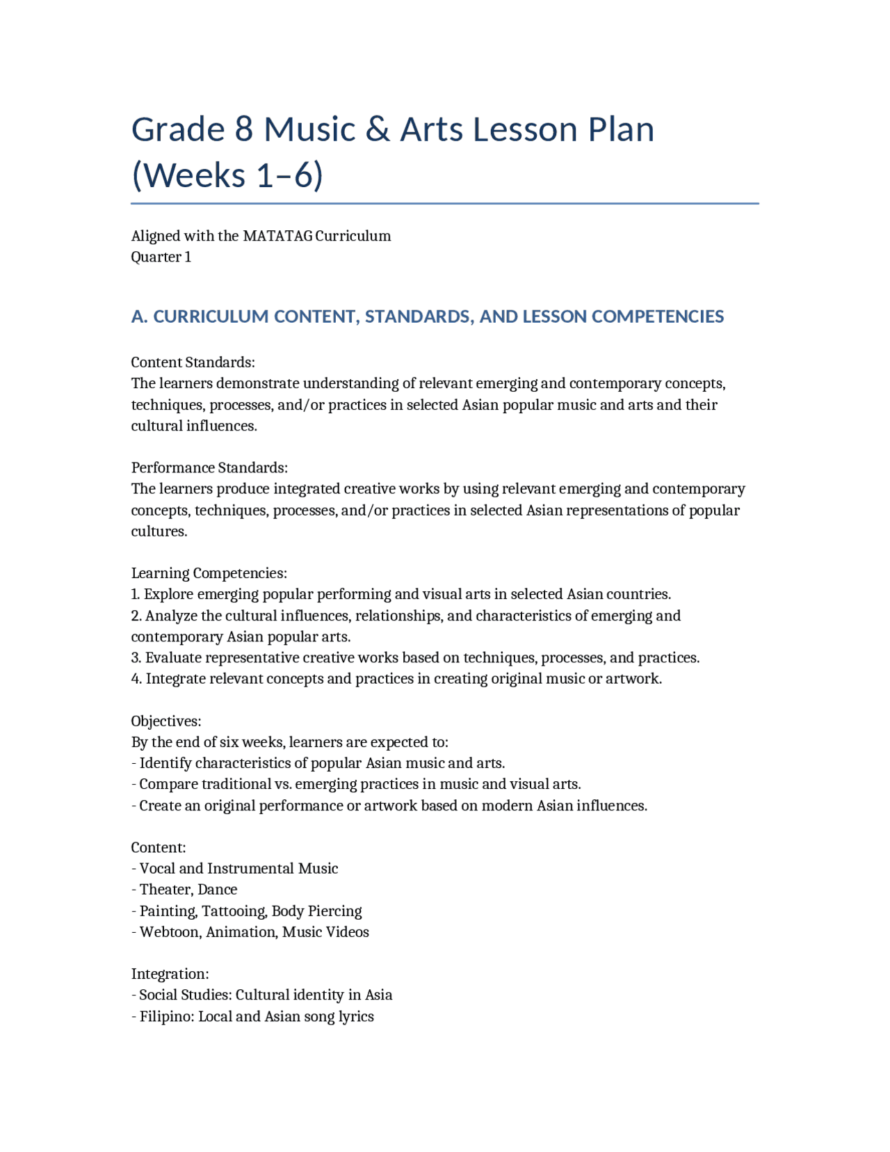 Music and Arts Grade 8 Lesson Plans | Study notes Music | Docsity