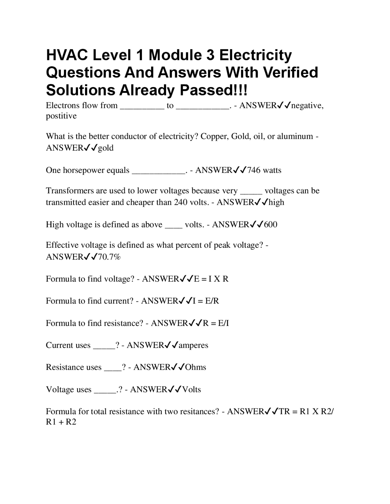 HVAC Level 1 Module 3 Electricity Questions And Answers With Verified ...