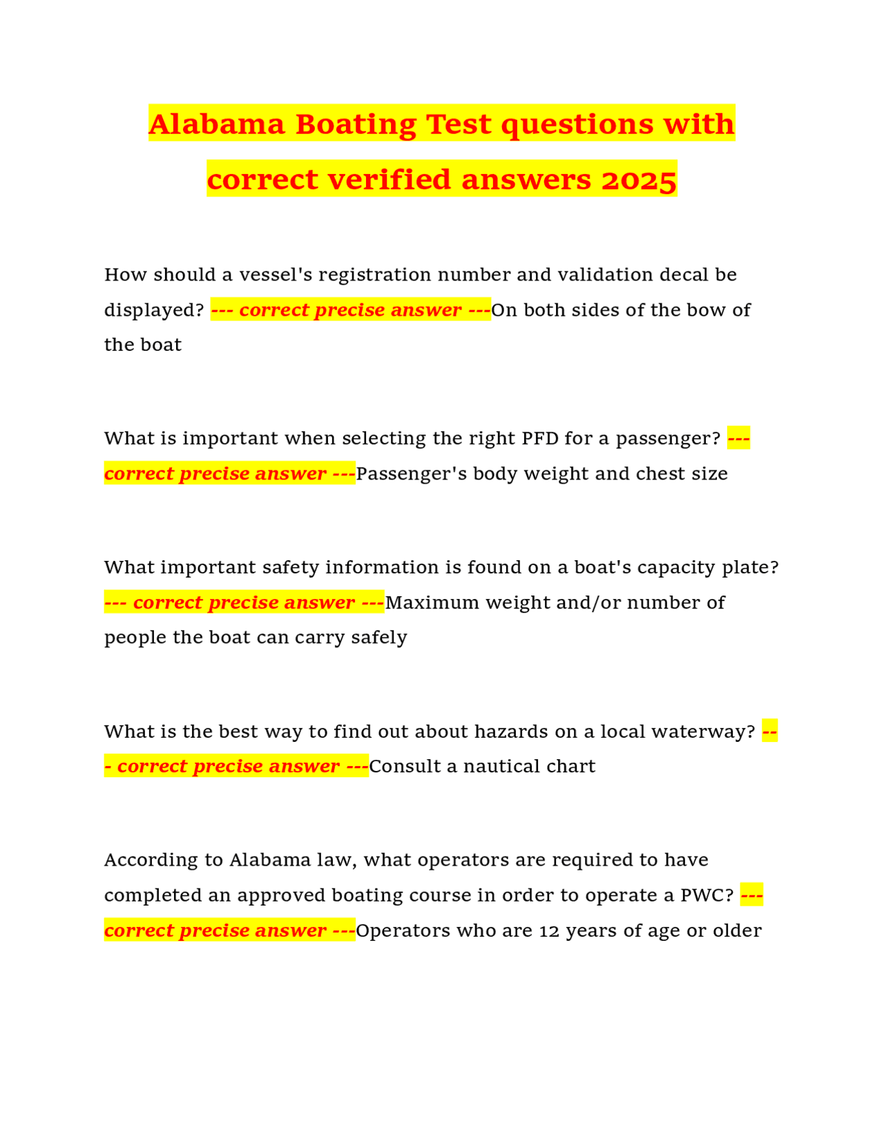 Alabama Boating Test questions with correct verified answers 2025 ...