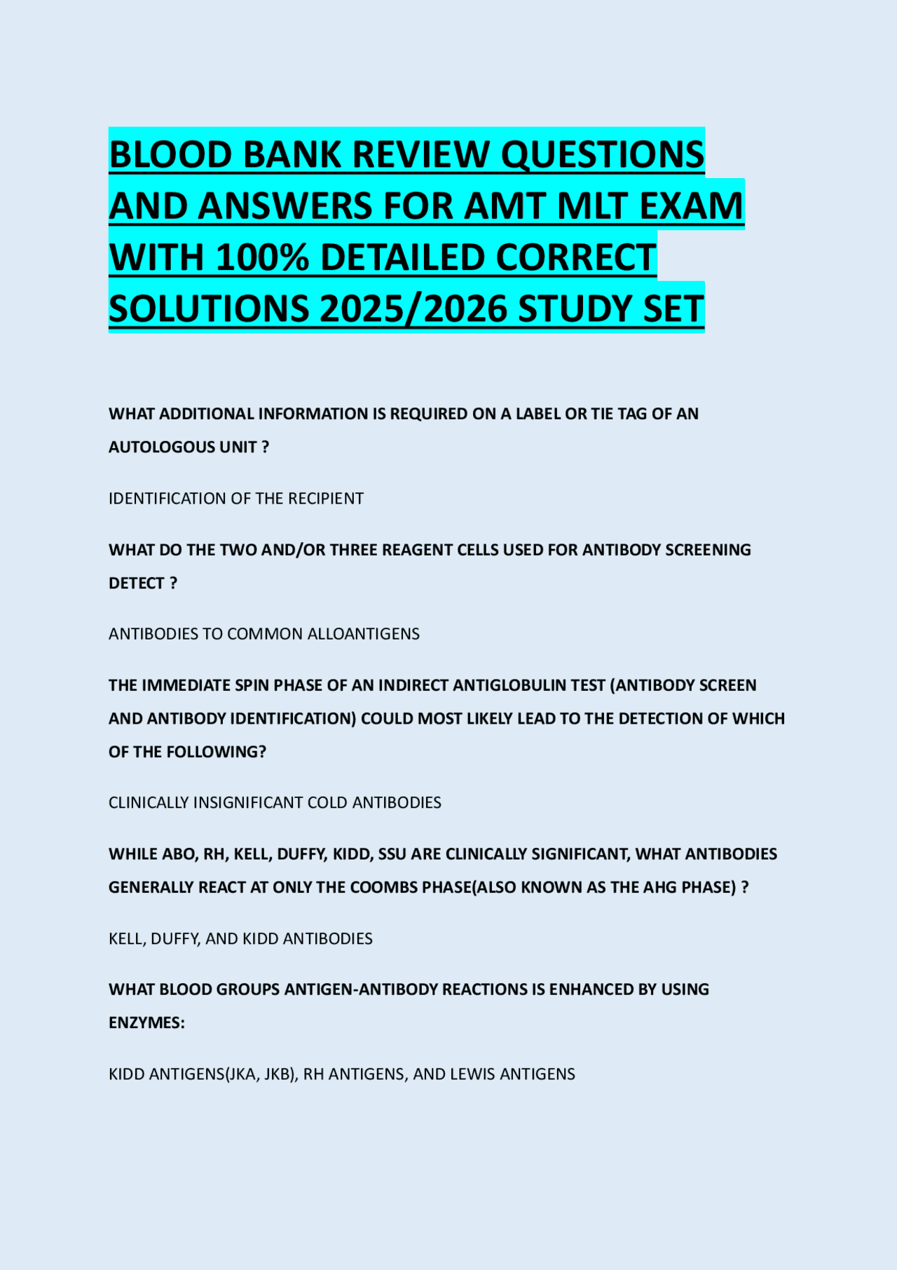 BLOOD BANK REVIEW QUESTIONS AND ANSWERS FOR AMT MLT EXAM WITH 100% ...
