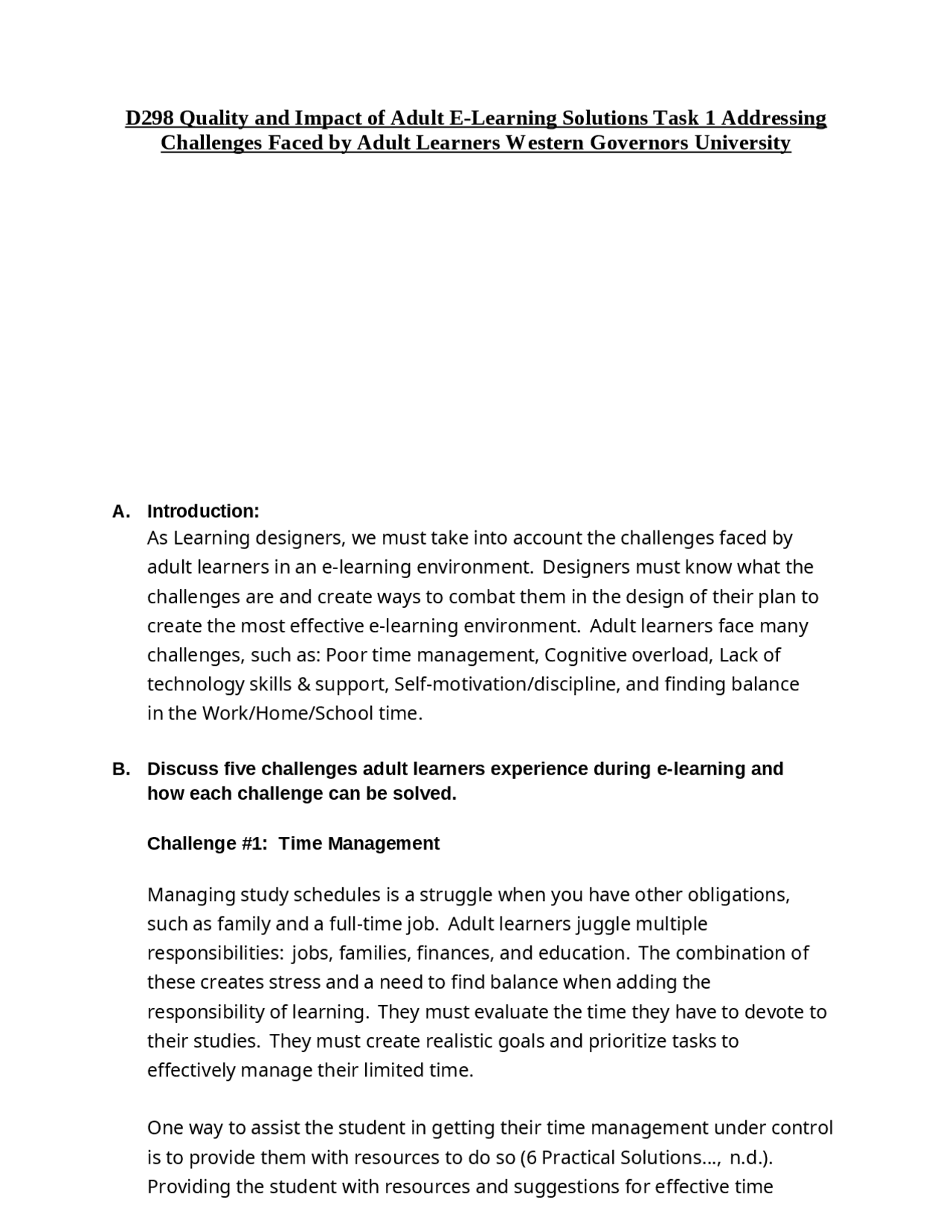 D298 Quality and Impact of Adult E-Learning Solutions Task 1 Addressing ...