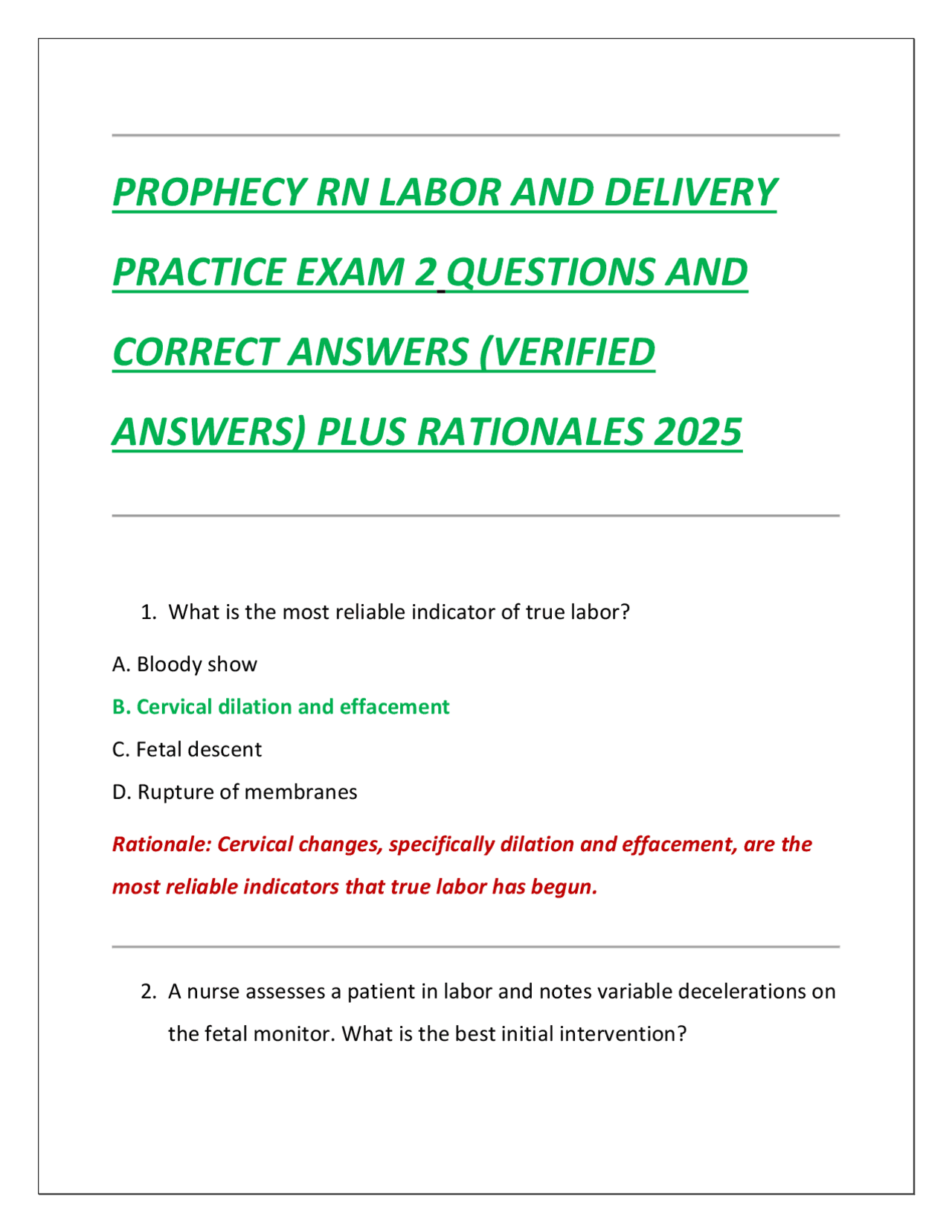 PROPHECY RN LABOR AND DELIVERY PRACTICE EXAM 2 QUESTIONS AND CORRECT ...