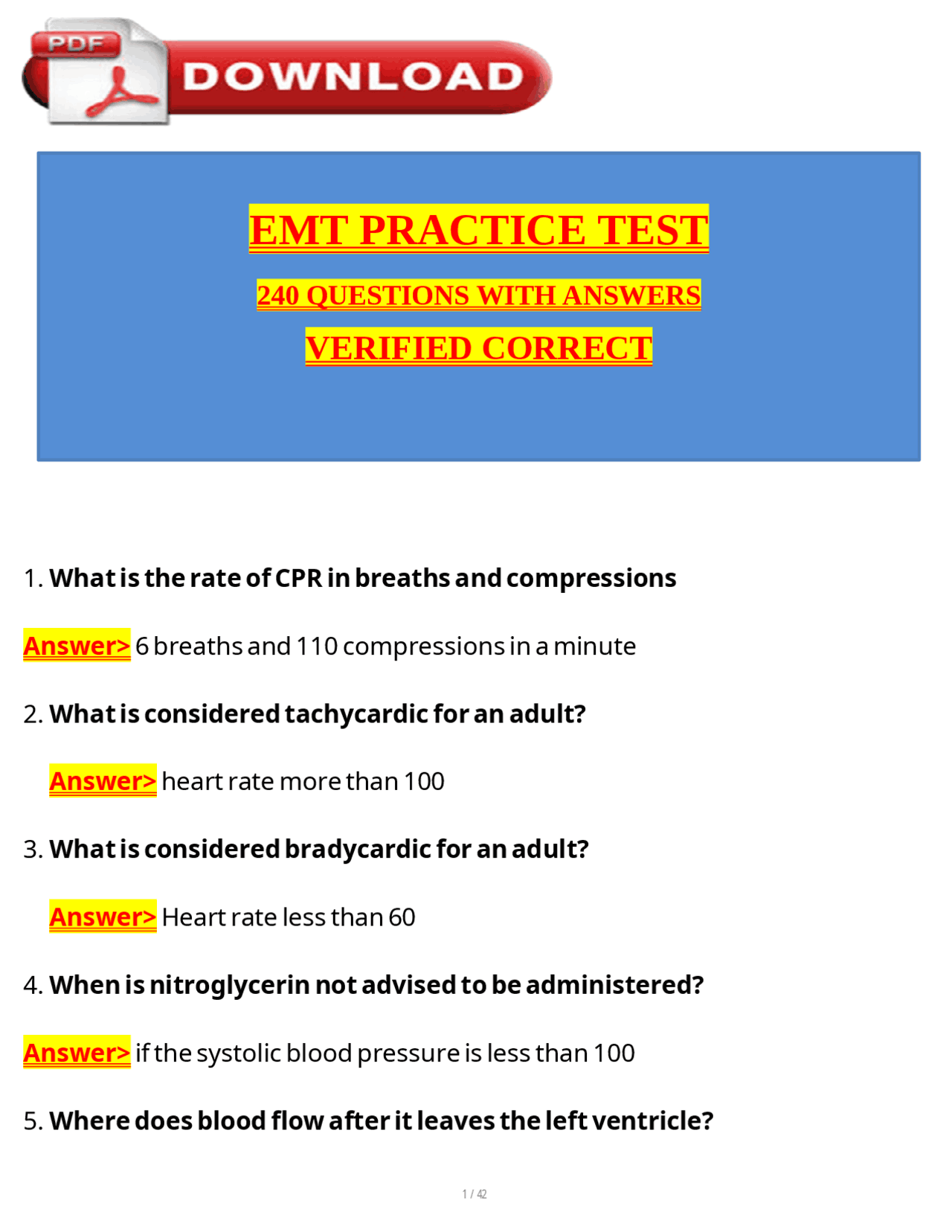 EMT PRACTICE TEST QUESTIONS WITH ANSWERS VERIFIED CORRECT (Latest 2025 ...