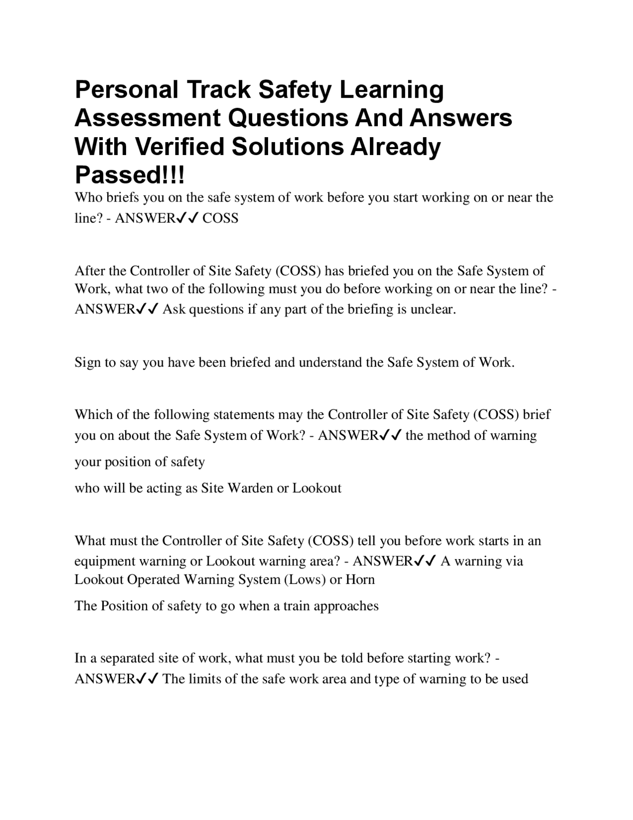 Personal Track Safety Learning Assessment Questions And Answers With ...