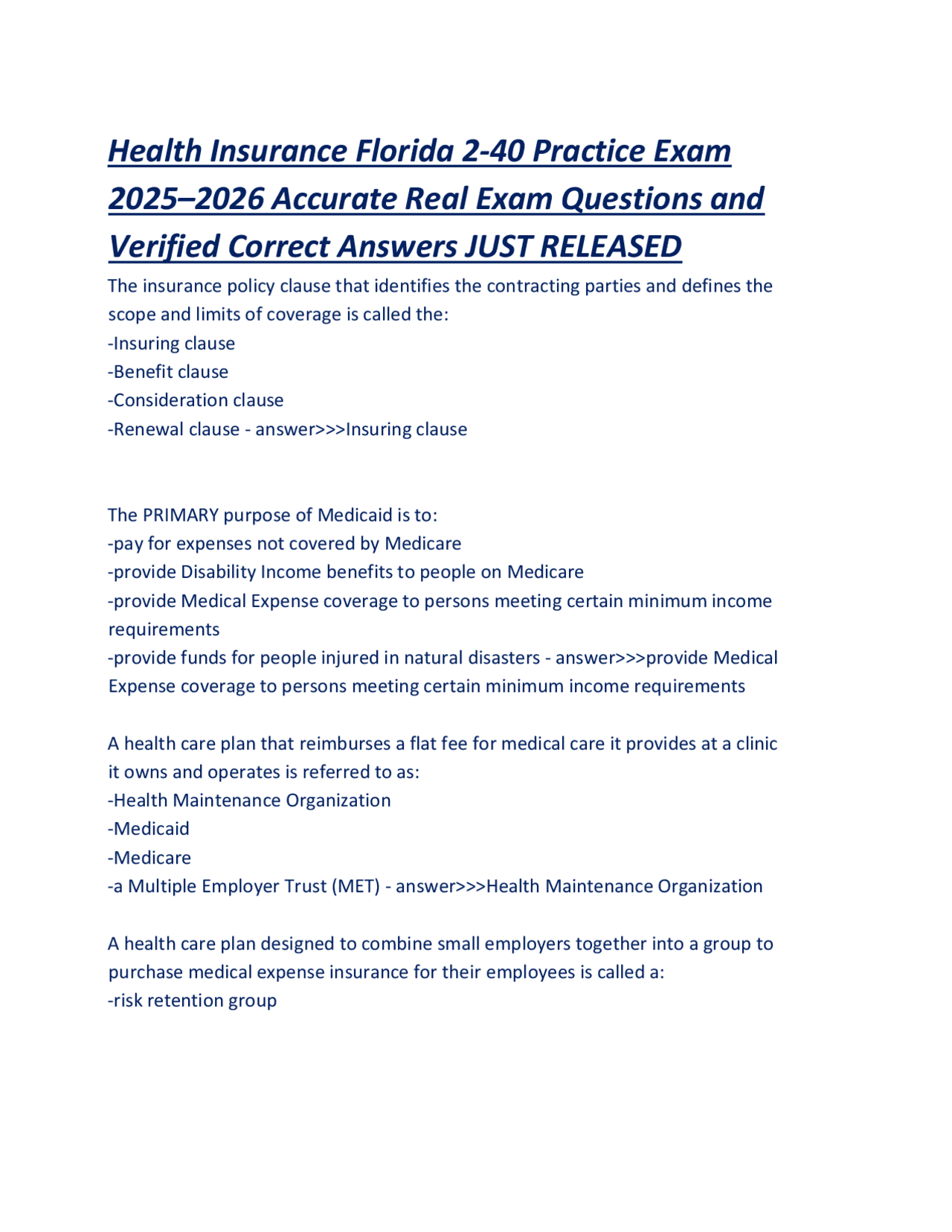Health Insurance Florida 2-40 Practice Exam 2025–2026 State Licensing ...