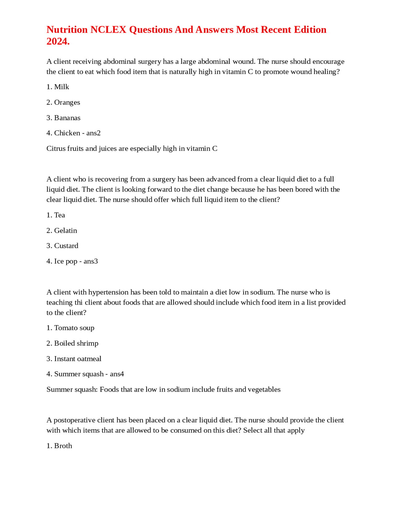 Nutrition NCLEX Questions And Answers Most Recent Edition 2024. | Exams ...