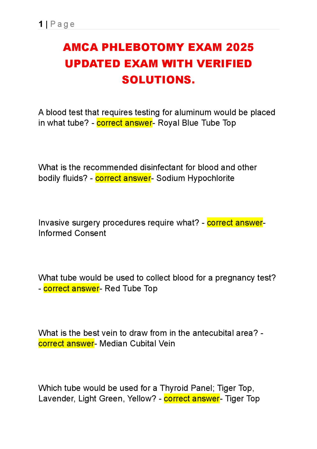 AMCA PHLEBOTOMY EXAM 2025 UPDATED EXAM WITH VERIFIED SOLUTIONS. | Exams ...