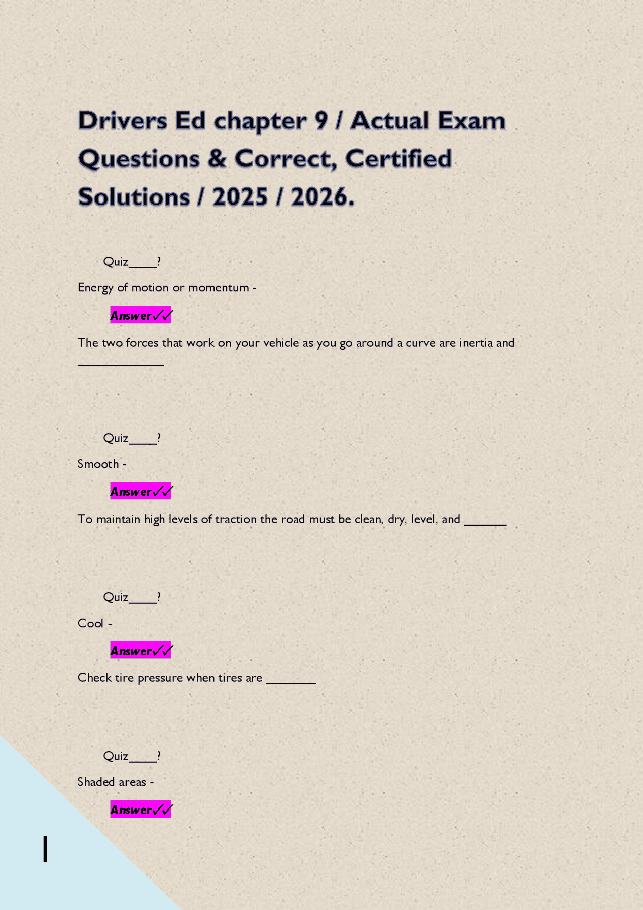Drivers Ed chapter 9 / Actual Exam Questions & Correct, Certified ...