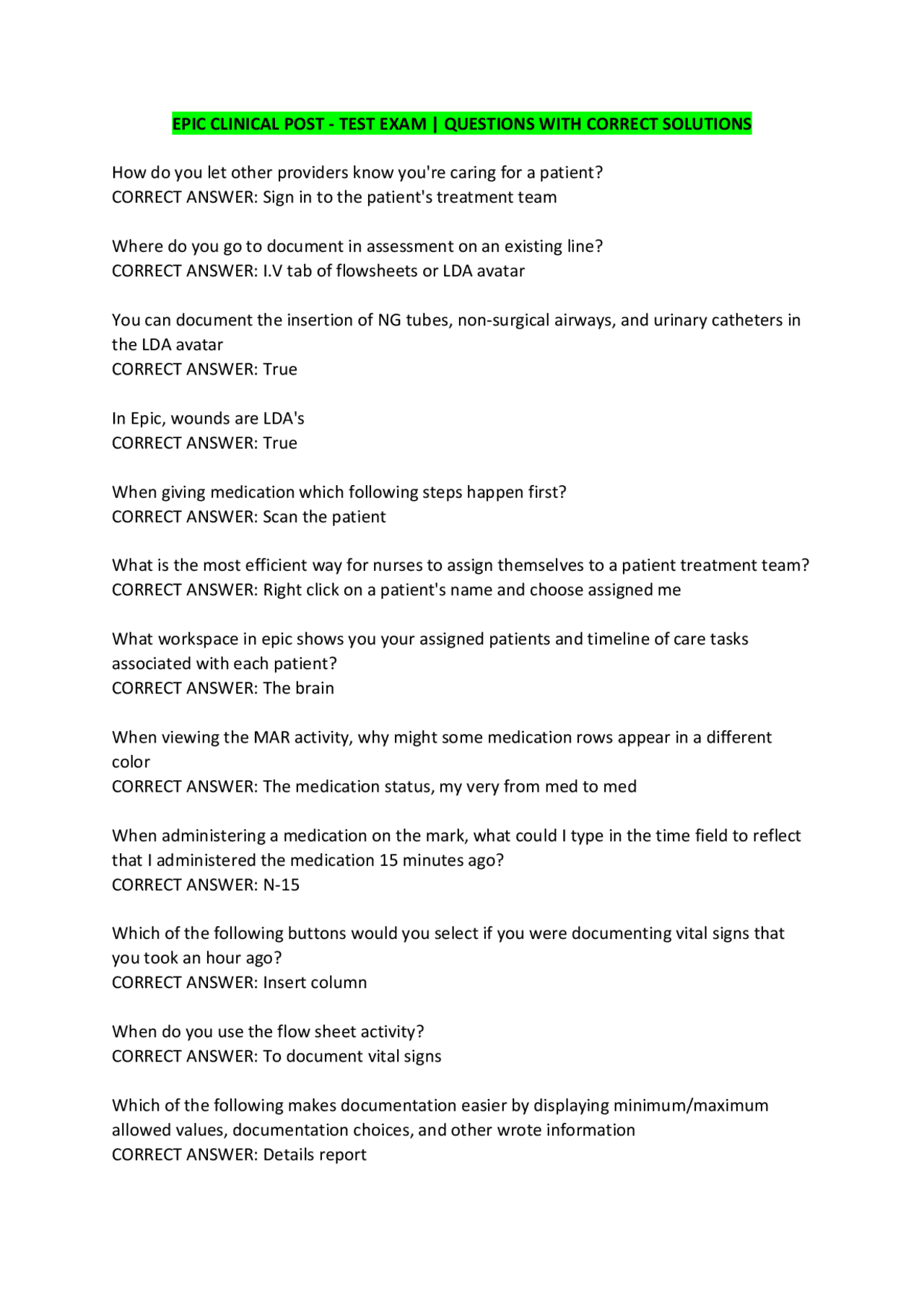 EPIC CLINICAL POST-TEST EXAM | QUESTIONS WITH CORRECT SOLUTIONS | Exams ...
