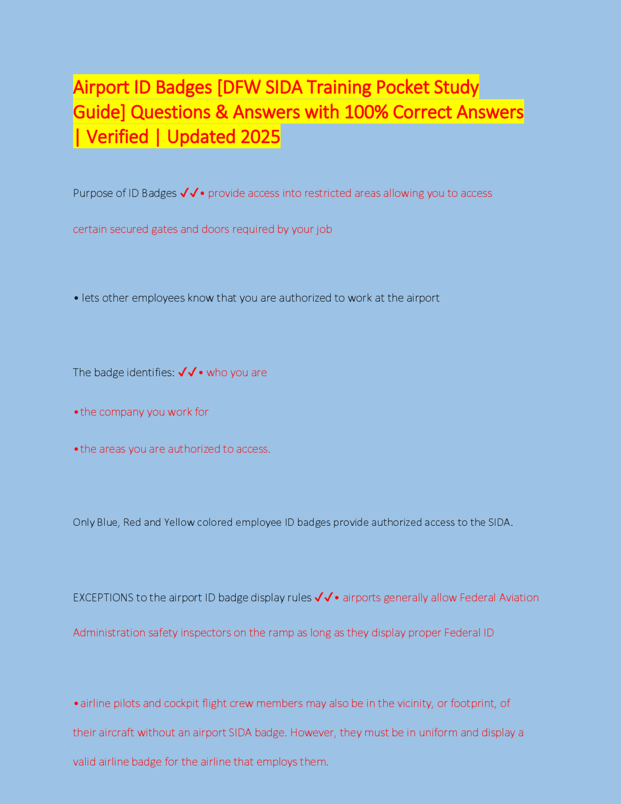 Airport ID Badges [DFW SIDA Training Pocket Study Guide] Questions ...