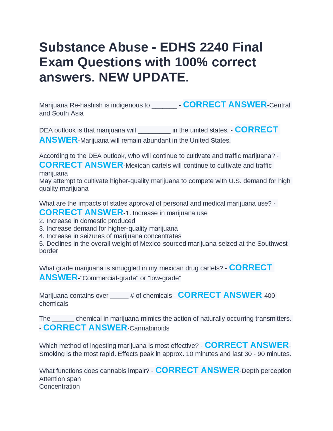 Substance Abuse Exam Questions and Answers: EDHS 2240 Study Guide ...