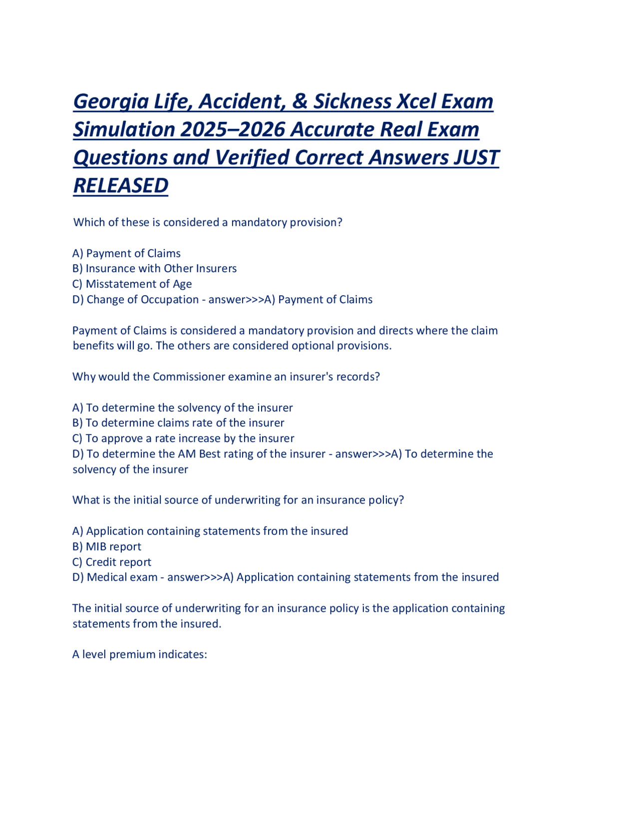 Georgia Life, Accident, & Sickness Xcel Exam Simulation 2025–2026 State ...