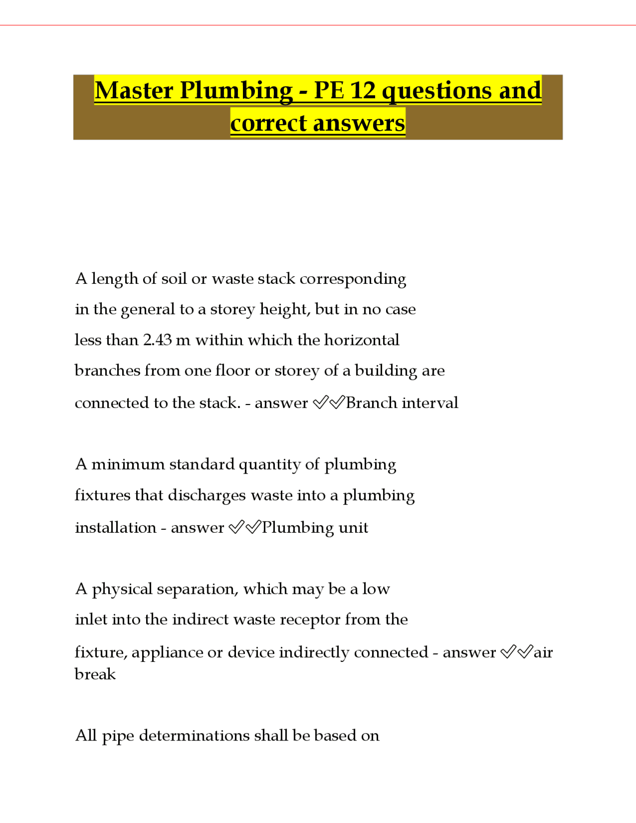 Master Plumbing - PE 12 questions and correct answers.pdf | Exams ...