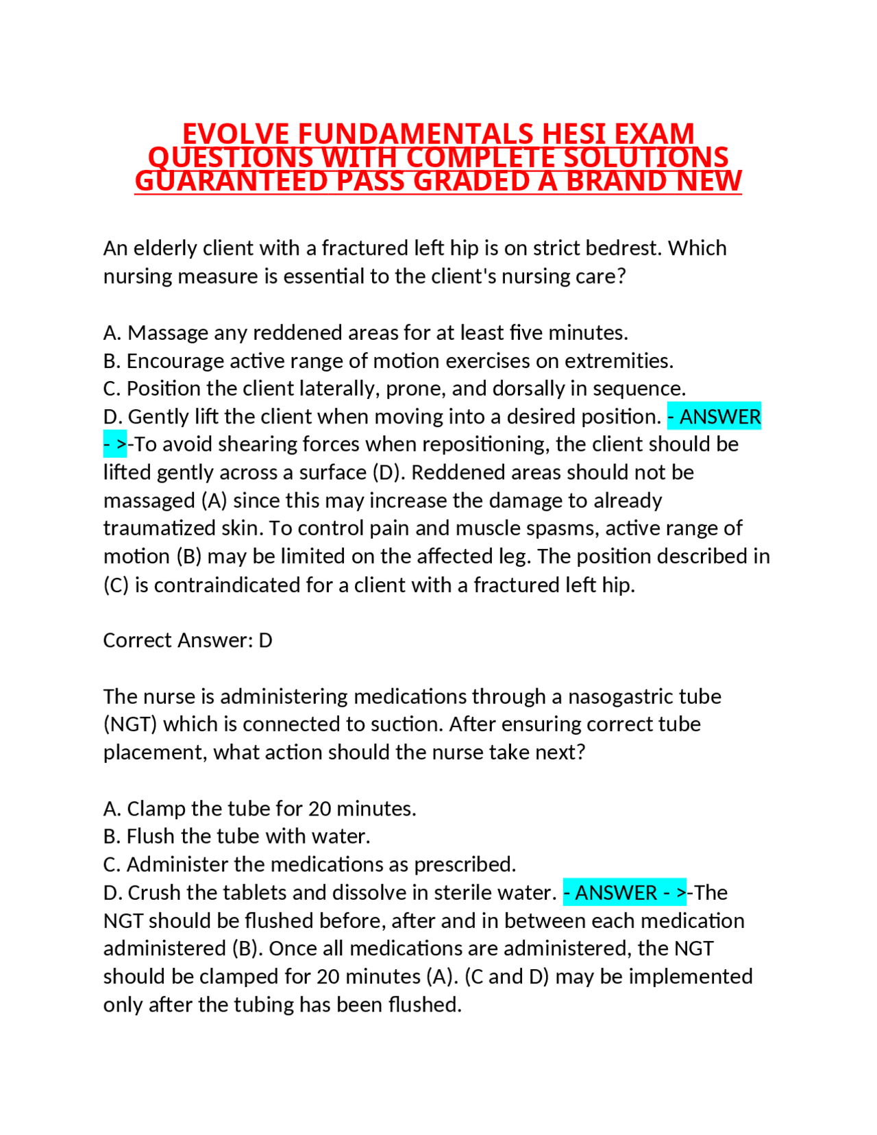 EVOLVE FUNDAMENTALS HESI EXAM QUESTIONS WITH COMPLETE SOLUTIONS ...