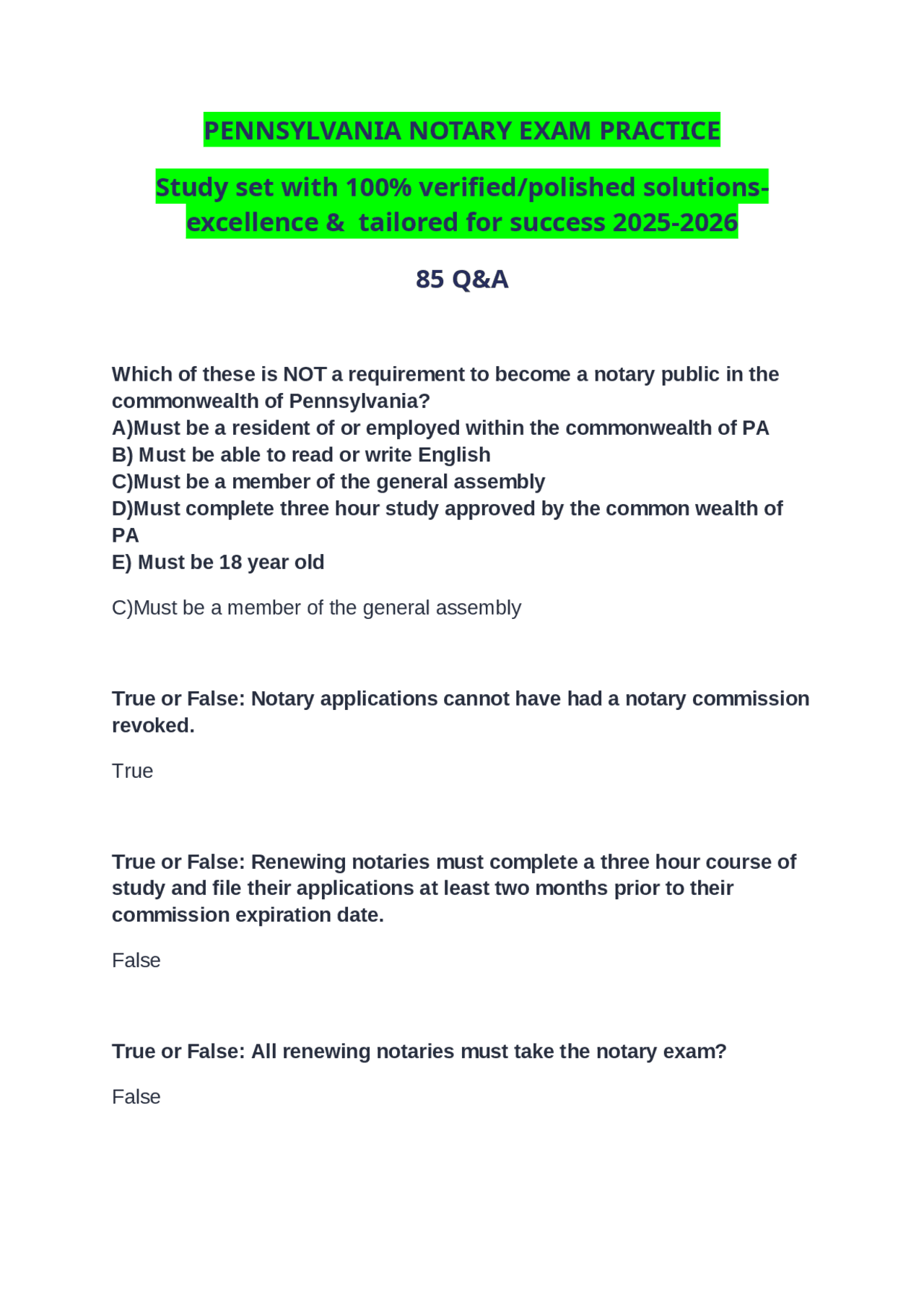 PENNSYLVANIA NOTARY EXAM PRACTICE Study set with 100% verified/polished ...