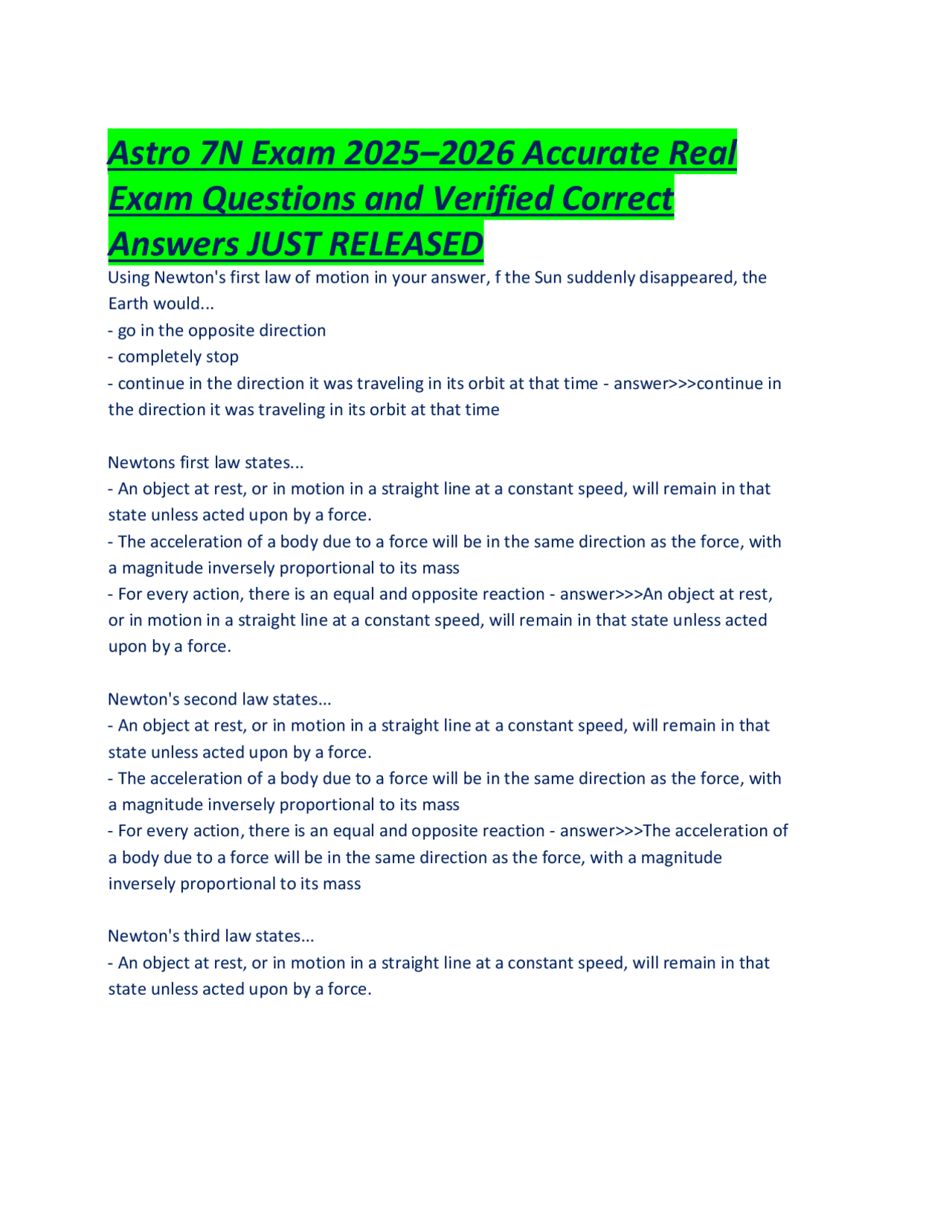 Astro 7N Exam 2025–2026 Introduction to Astronomy Accurate Exam ...