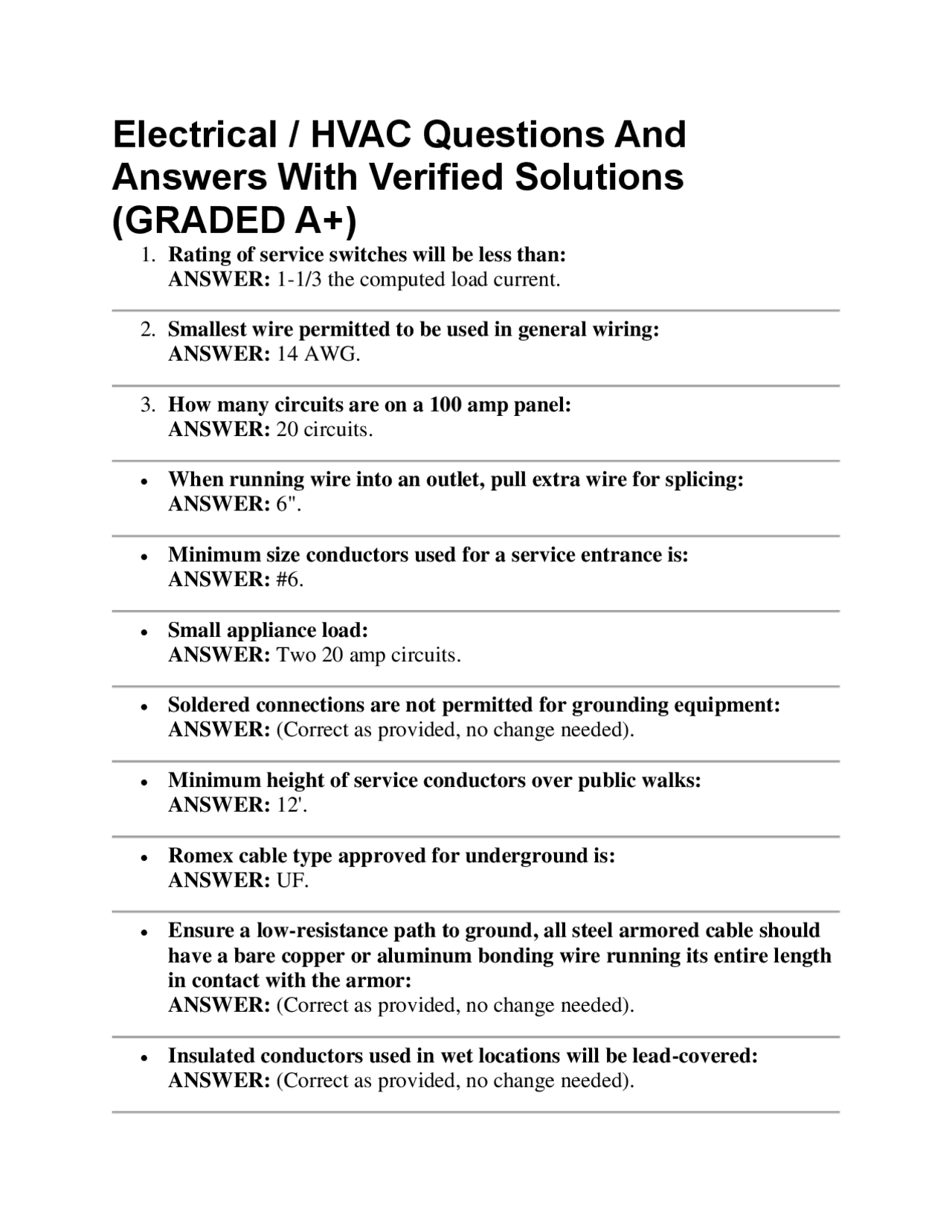 Electrical / HVAC Questions And Answers With Verified Solutions (GRADED ...