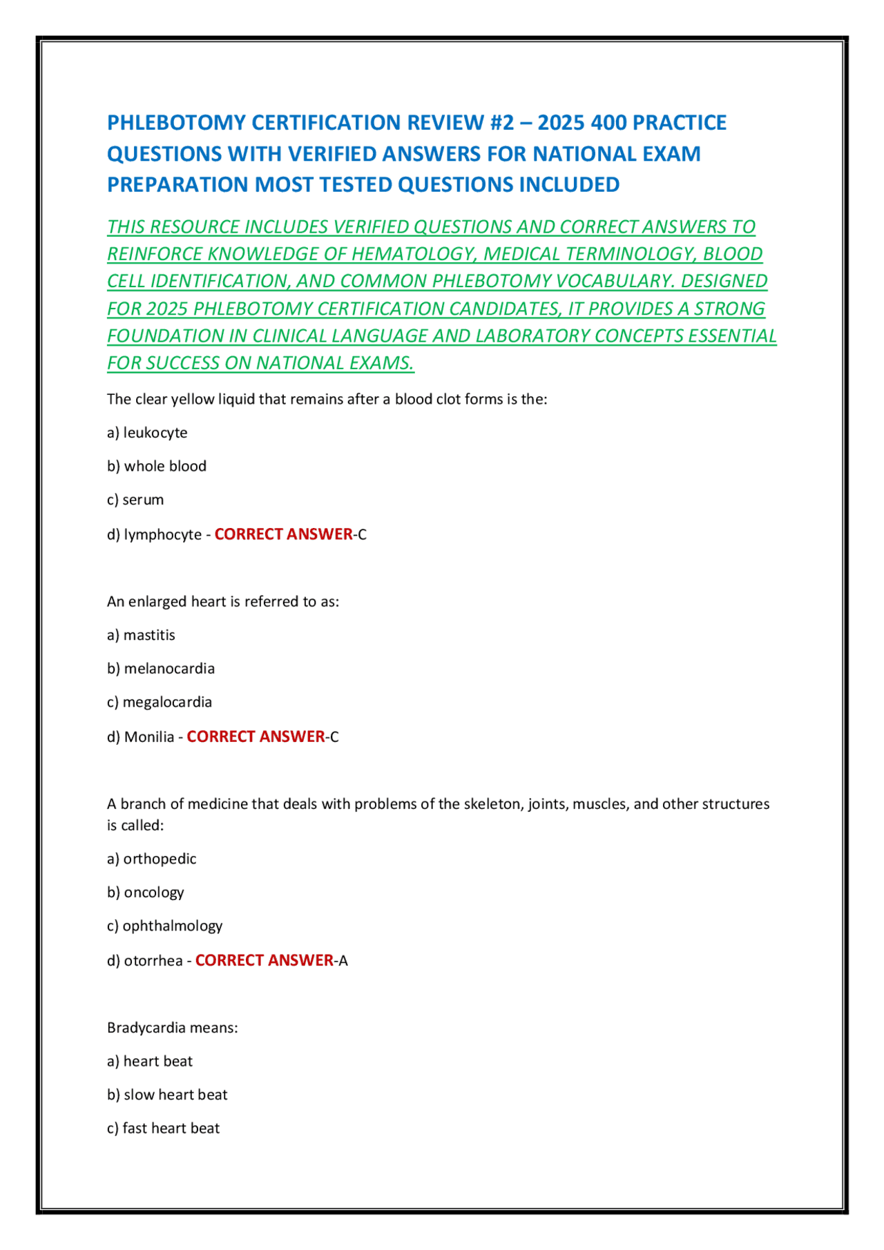 PHLEBOTOMY CERTIFICATION REVIEW #2 – 2025 400 PRACTICE QUESTIONS WITH ...