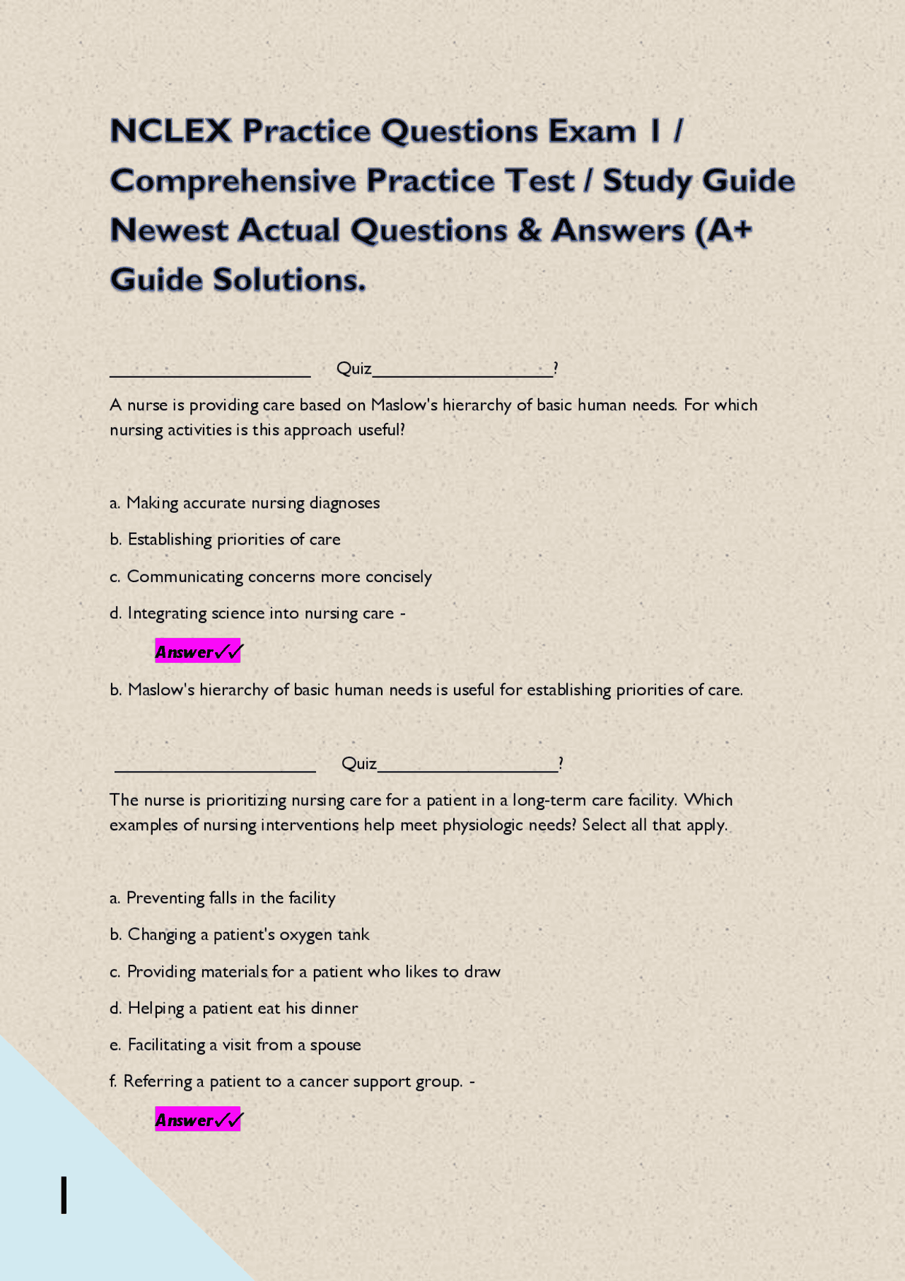 NCLEX Practice Questions Exam 1 / Comprehensive Practice Test / Study ...