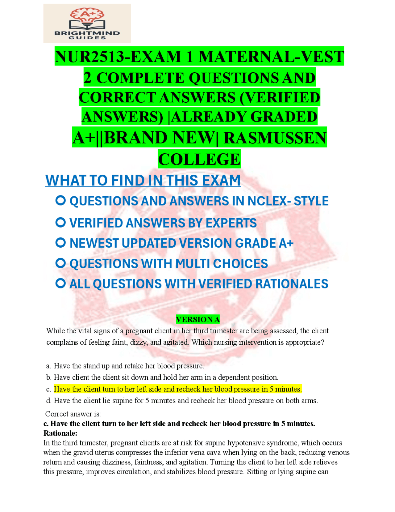 NUR2513-EXAM 1 MATERNAL-VEST 2 COMPLETE QUESTIONS AND CORRECT ANSWERS ...