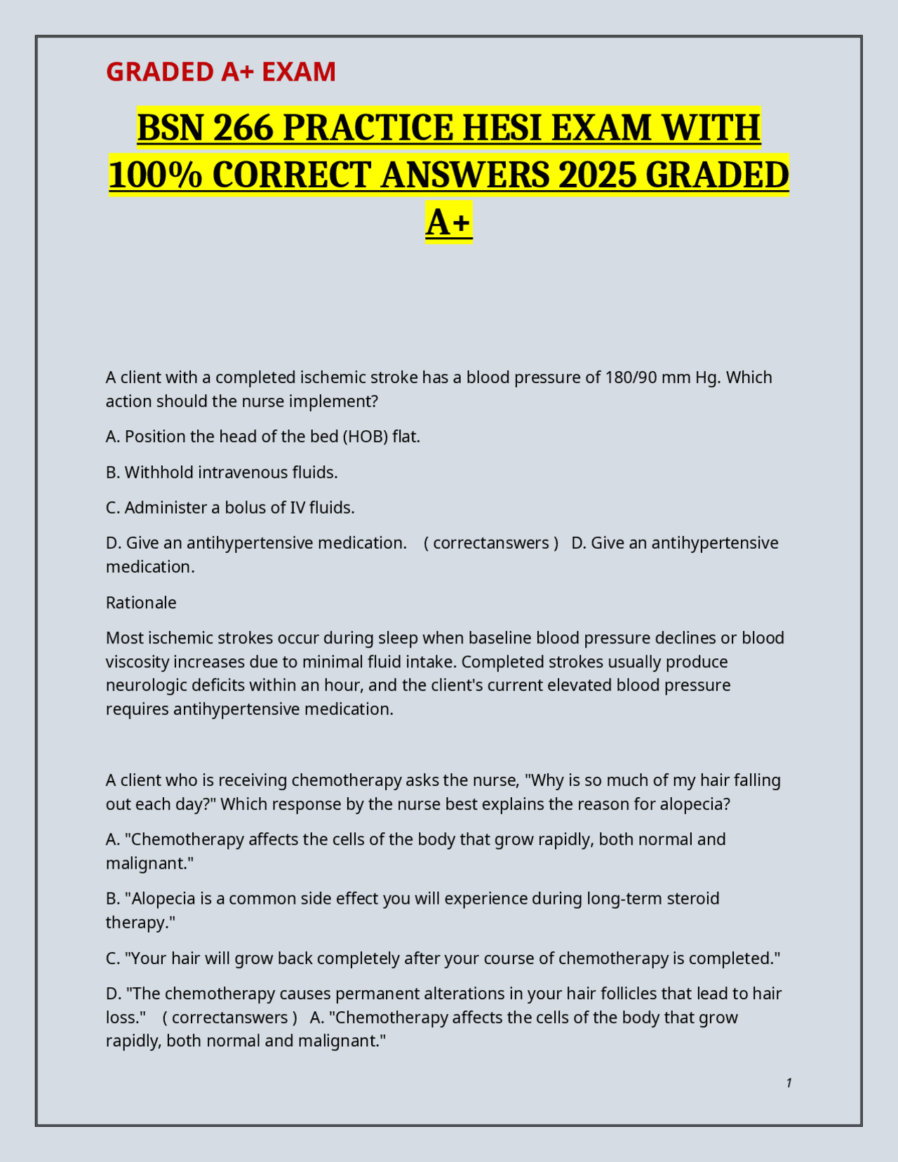 BSN 266 PRACTICE HESI EXAM WITH 100% CORRECT ANSWERS 2025 GRADED A+ | Exams Nursing | Docsity