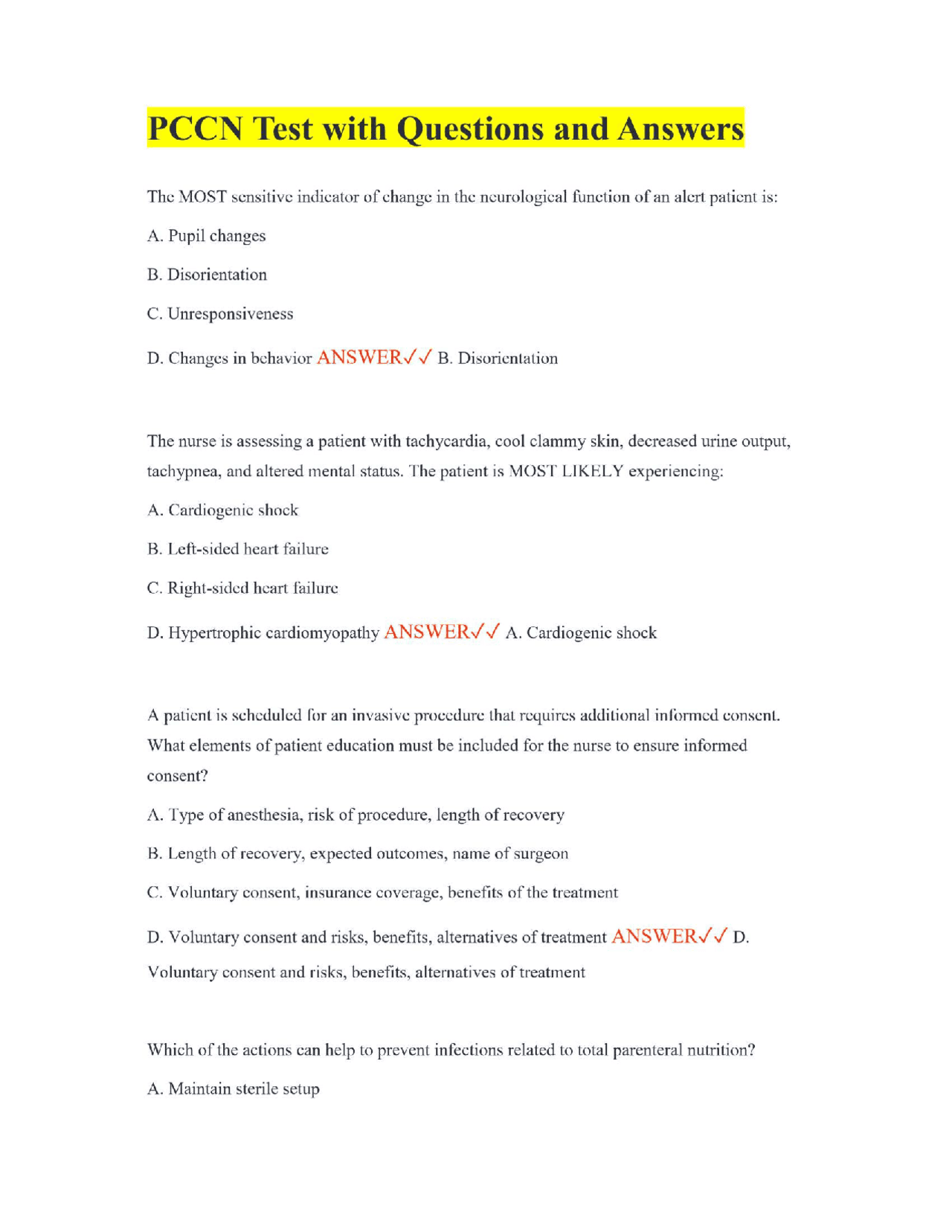 PCCN Test with Questions and Answers | Exams Nursing | Docsity