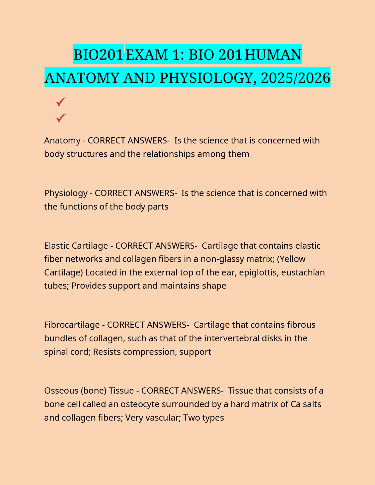 BIO201 EXAM 1: BIO 201 HUMAN ANATOMY AND PHYSIOLOGY, 2025/2026 | Exams ...