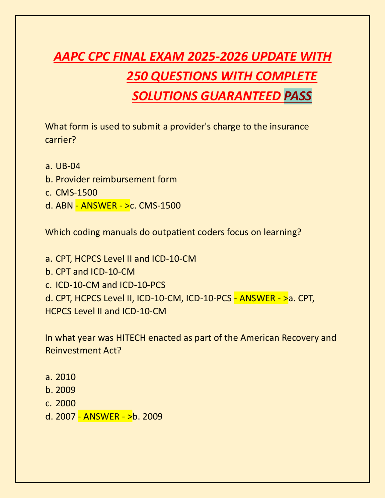 AAPC CPC FINAL EXAM 2025-2026 UPDATE WITH 250 QUESTIONS WITH COMPLETE ...