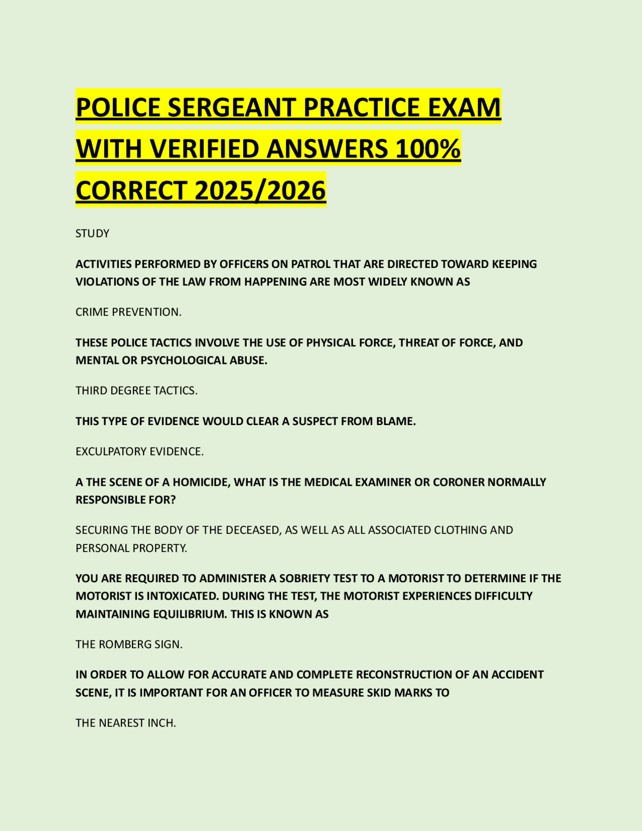 POLICE SERGEANT PRACTICE EXAM WITH VERIFIED ANSWERS 100% CORRECT 2025/ ...