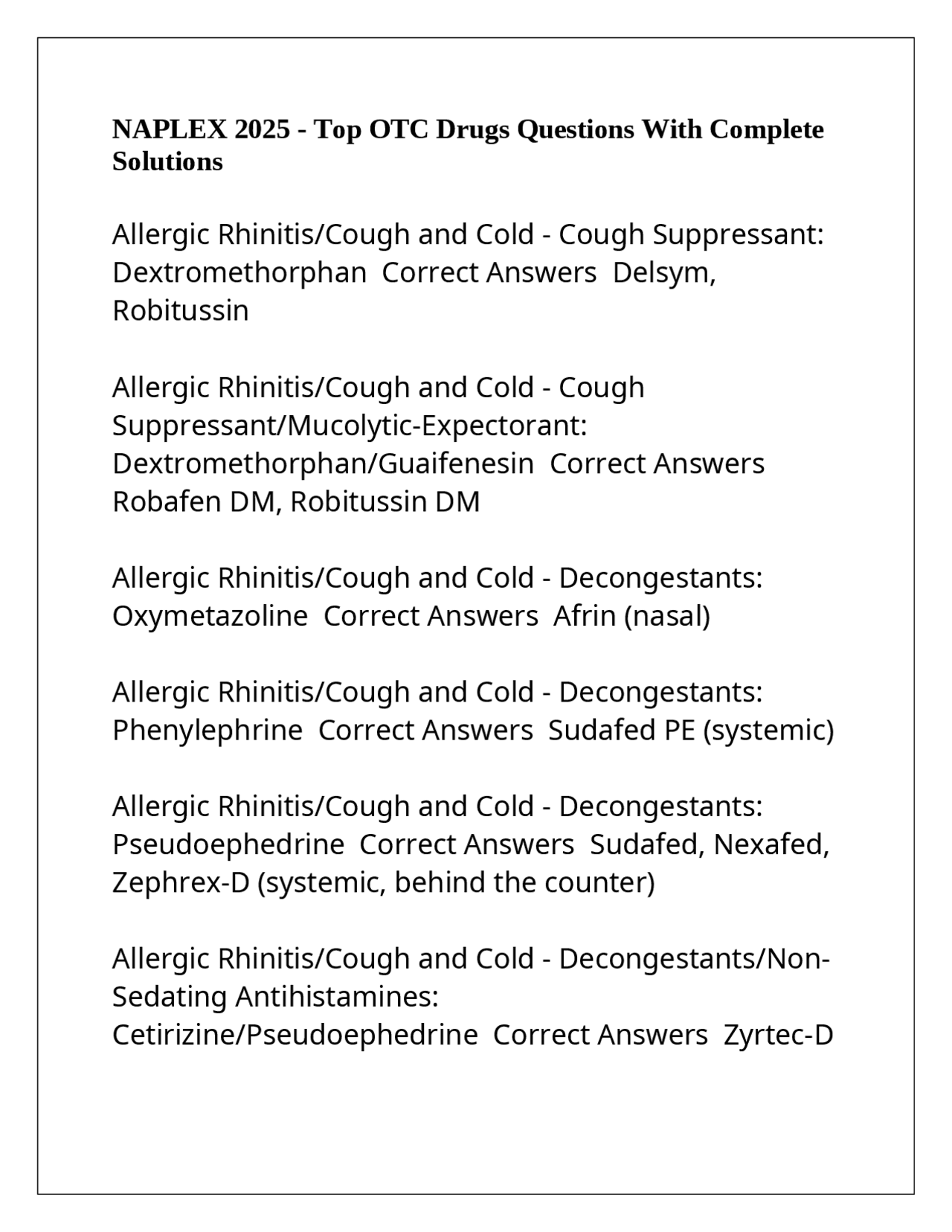 NAPLEX 2025 - Top OTC Drugs Questions With Complete Solutions | Exams ...