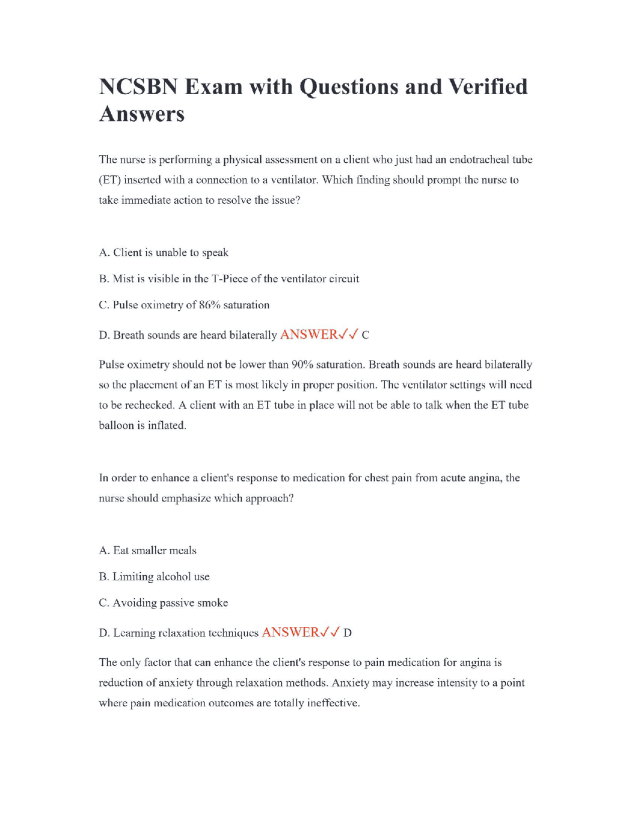 NCSBN Exam with Questions and Verified Answers | Exams Nursing | Docsity