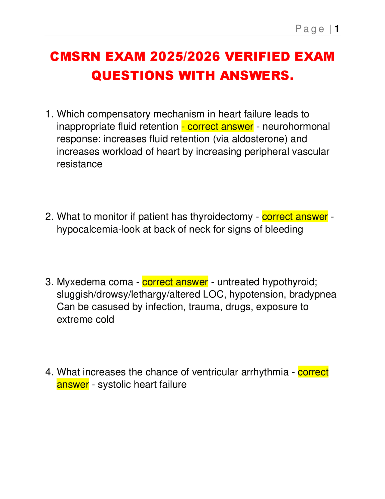 CMSRN EXAM 2025/2026 VERIFIED EXAM QUESTIONS WITH ANSWERS | Exams ...