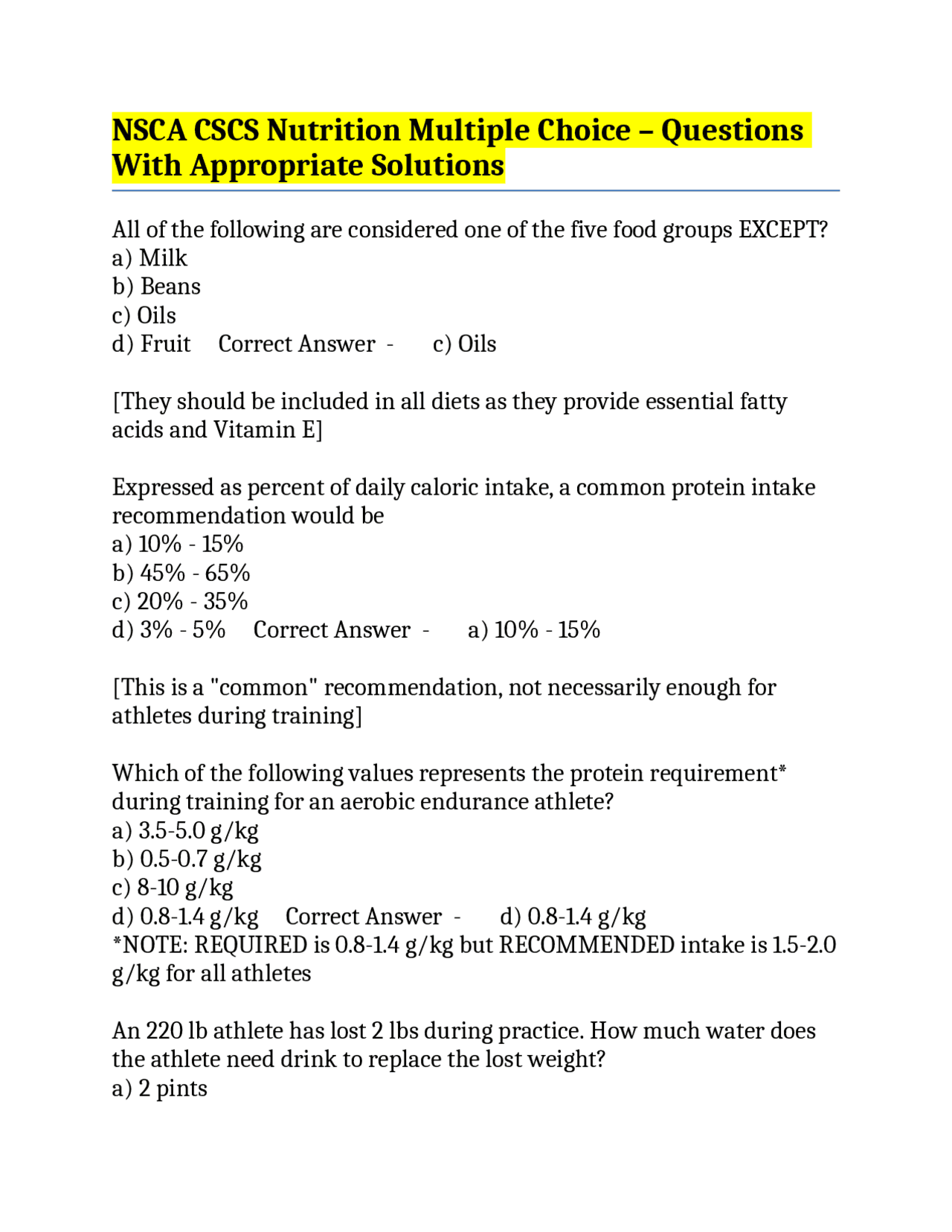 Sports Nutrition: Multiple Choice Questions and Answers | Exams Public ...
