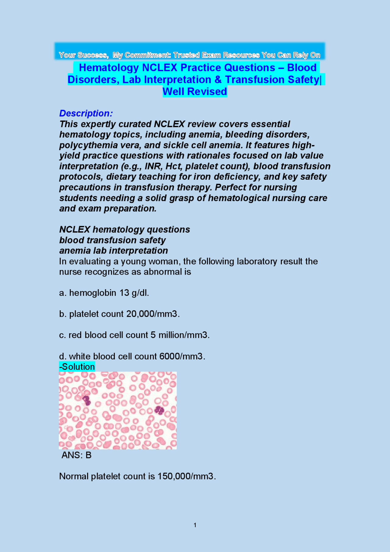 Hematology NCLEX Practice Questions – Blood Disorders, Lab ...