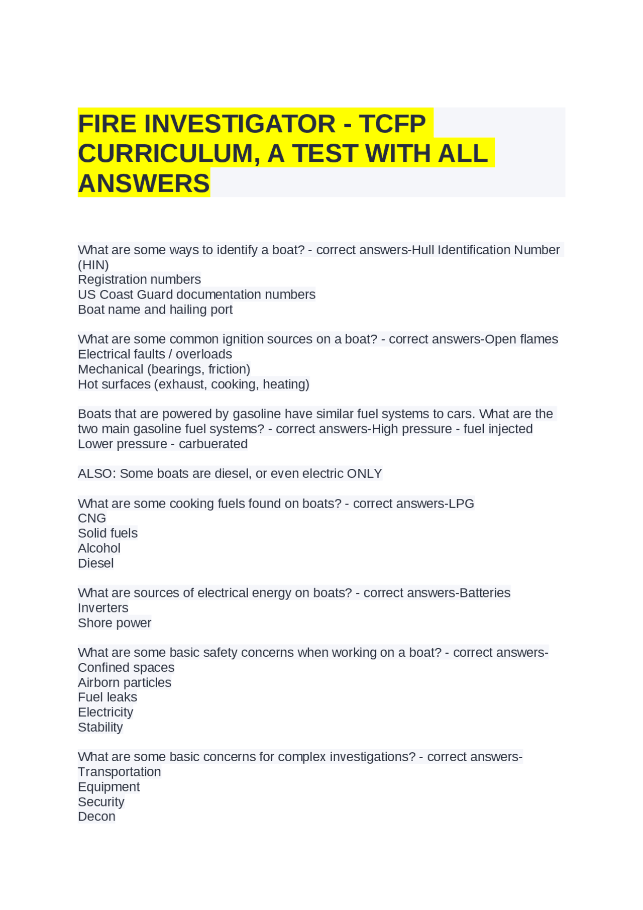 Fire Investigator Certification Exam: Questions and Answers | Exams Advanced Education | Docsity