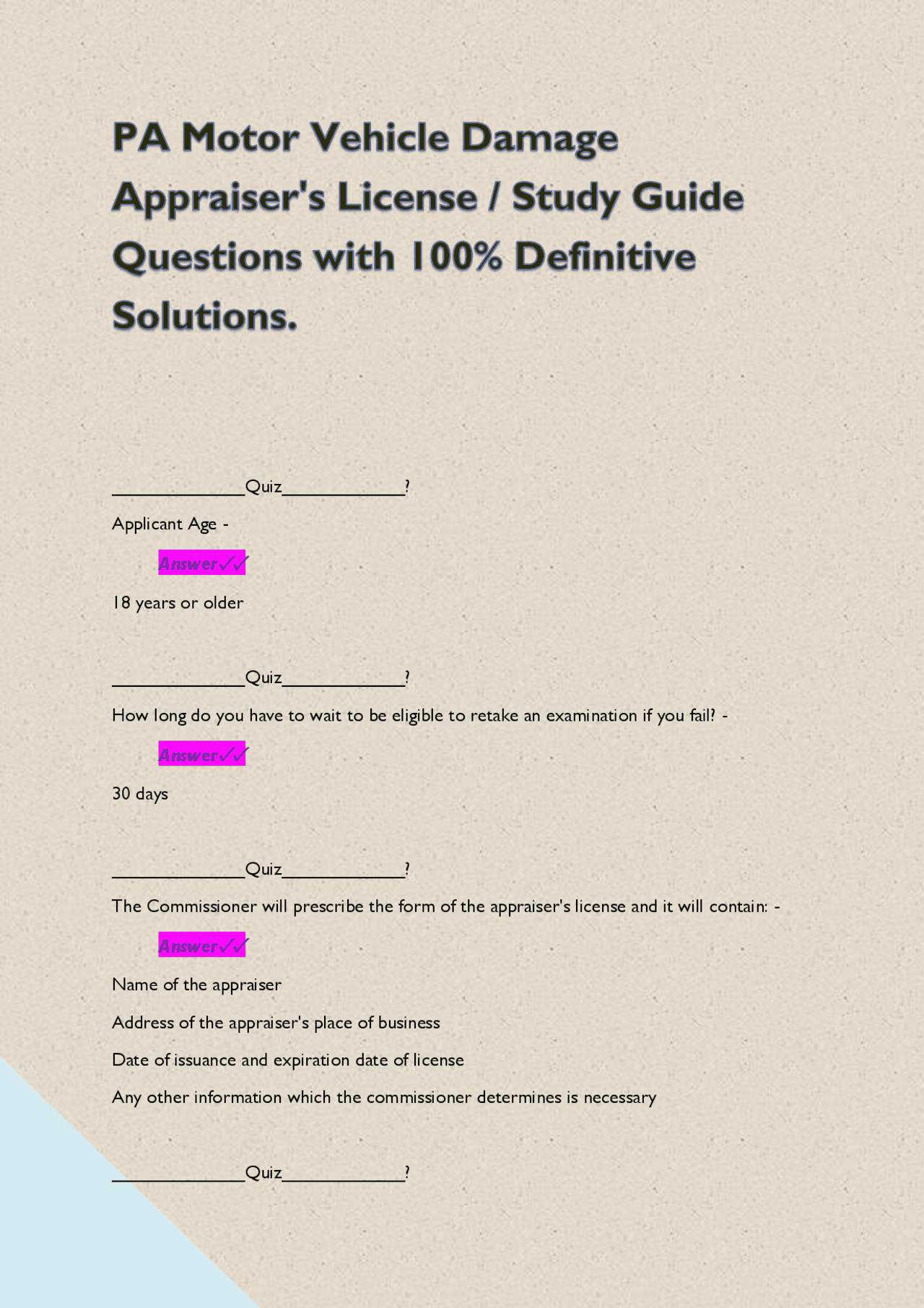 PA Motor Vehicle Damage Appraiser's License / Study Guide Questions ...