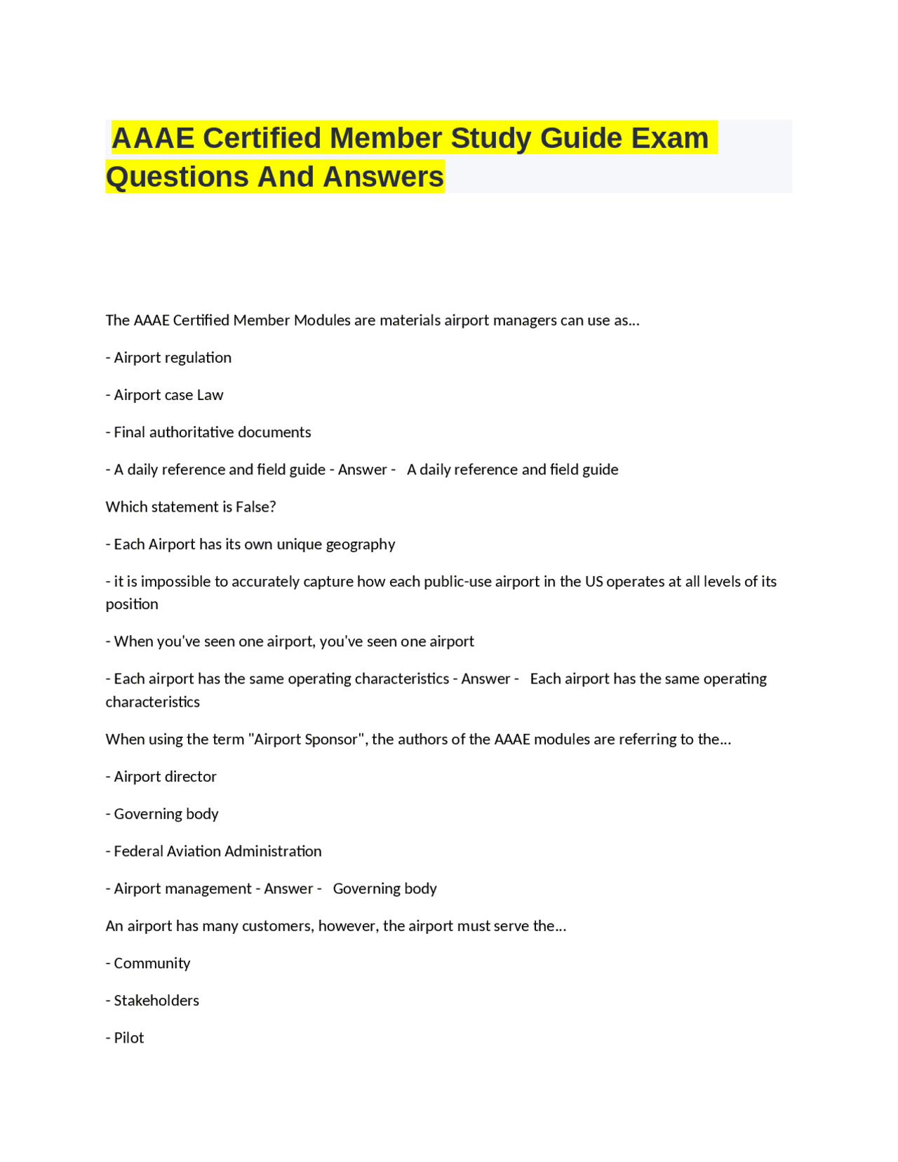 AAAE Certified Member Study Guide Exam Questions And Answers | Exams ...