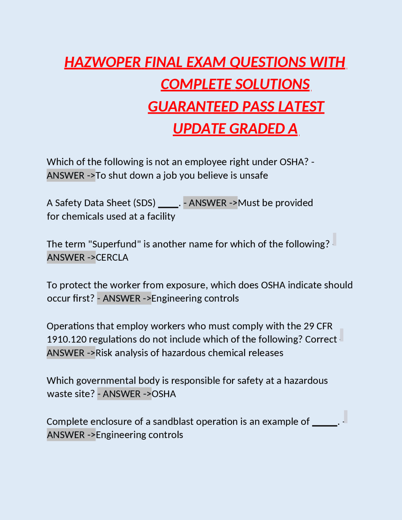 HAZWOPER FINAL EXAM QUESTIONS WITH COMPLETE SOLUTIONS GUARANTEED PASS ...