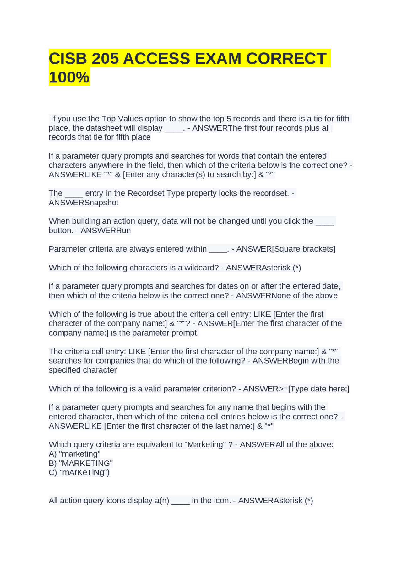 Microsoft Access Query Exam: Q&A for Database Design | Exams Advanced Education | Docsity