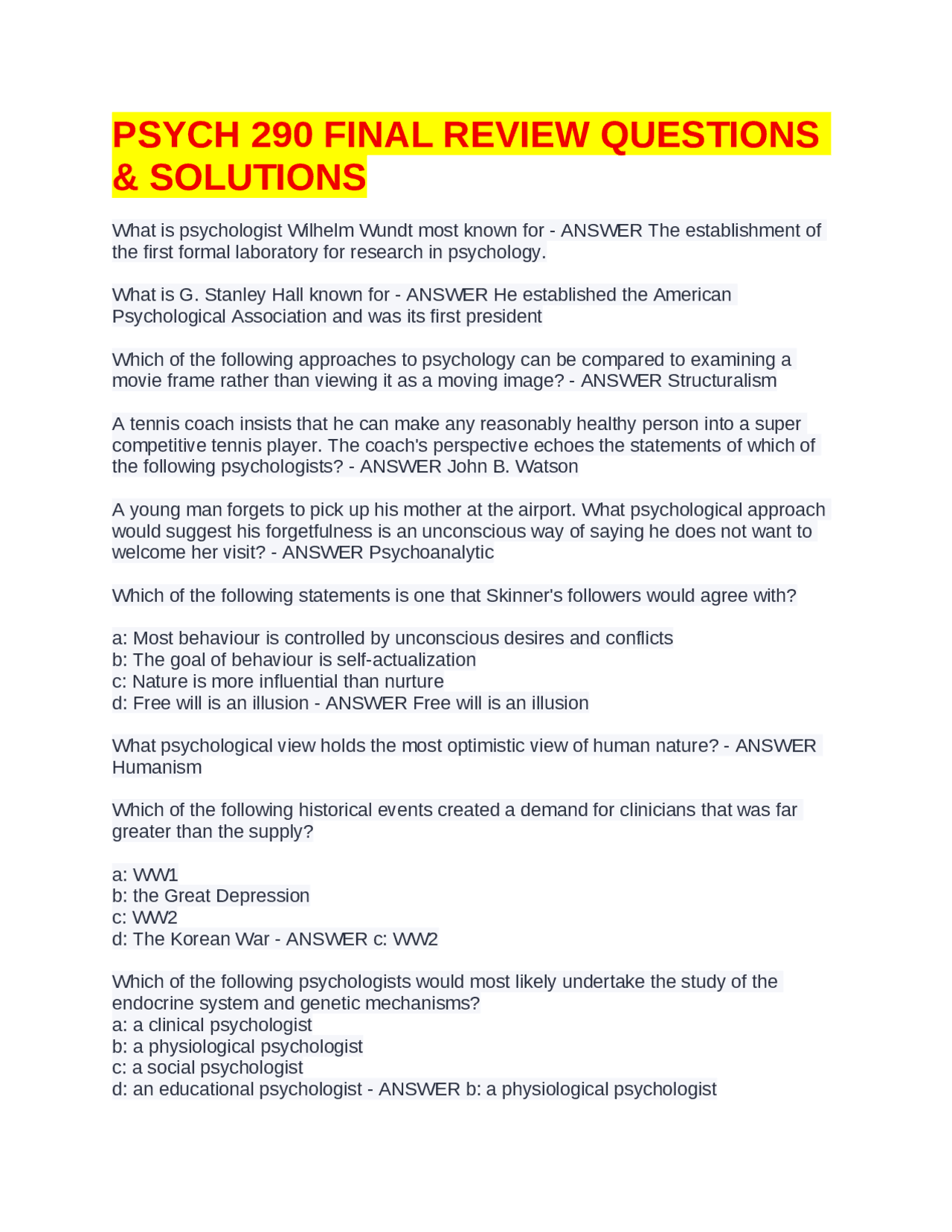 Psychology 290: Final Exam Review Questions and Solutions | Exams ...