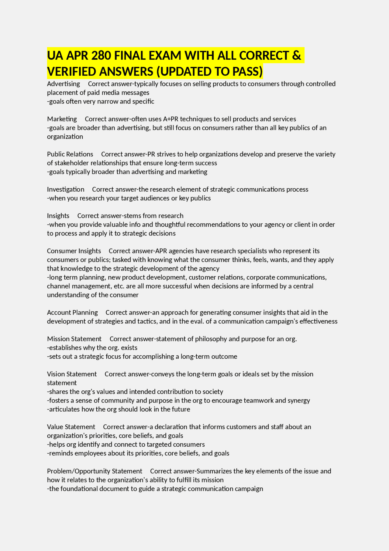 UA APR 280 FINAL EXAM WITH ALL CORRECT & VERIFIED ANSWERS (UPDATED TO ...