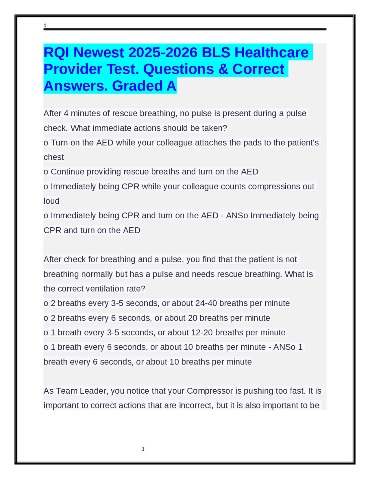 RQI Newest 2025-2026 BLS Healthcare Provider Test. Questions & Correct ...