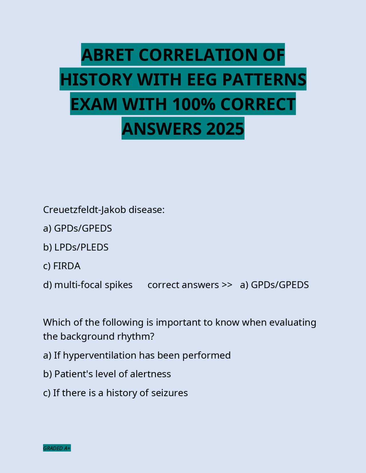 ABRET CORRELATION OF HISTORY WITH EEG PATTERNS EXAM WITH 100% CORRECT ...