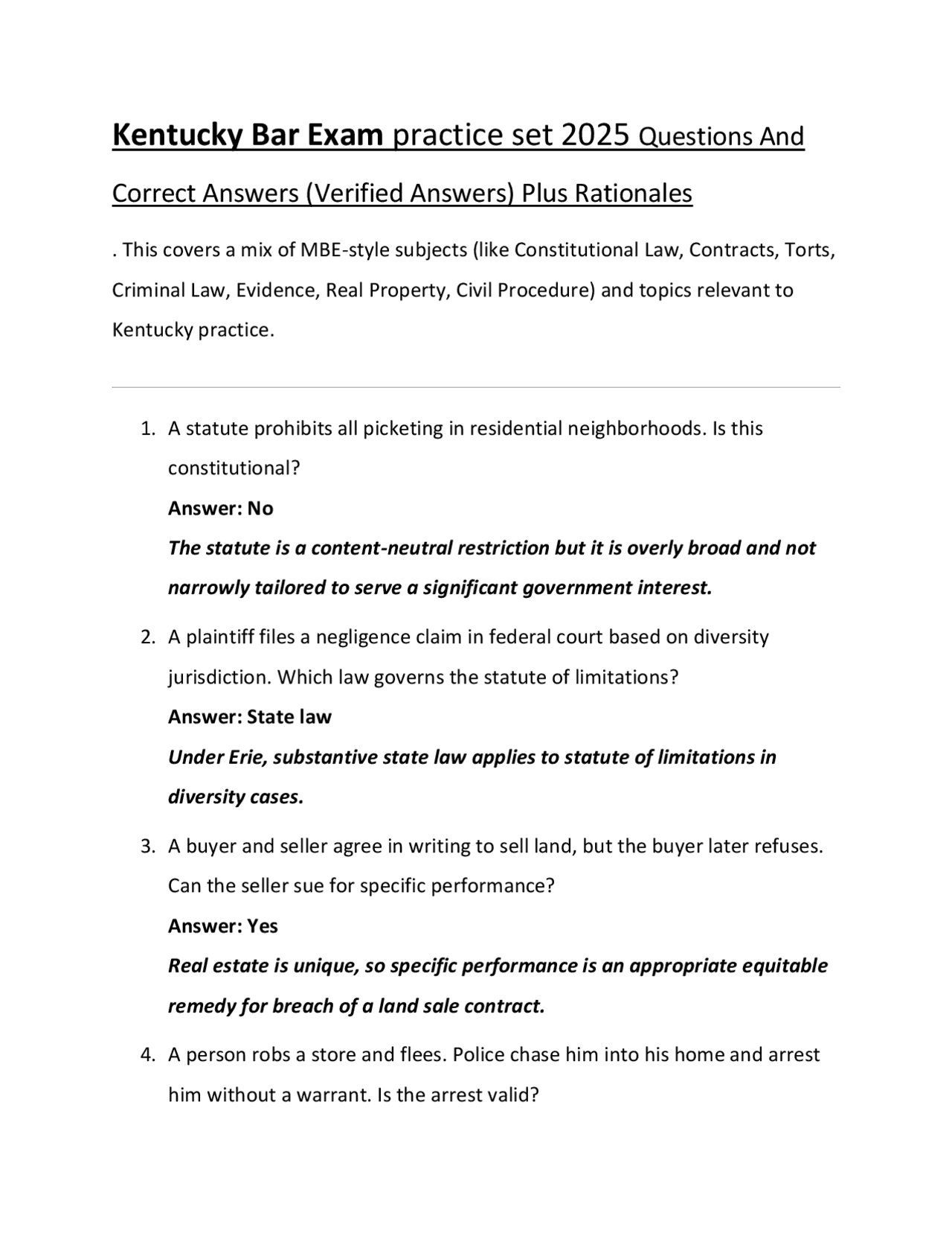 Kentucky Bar Exam practice set 2025 Questions And Correct Answers ...