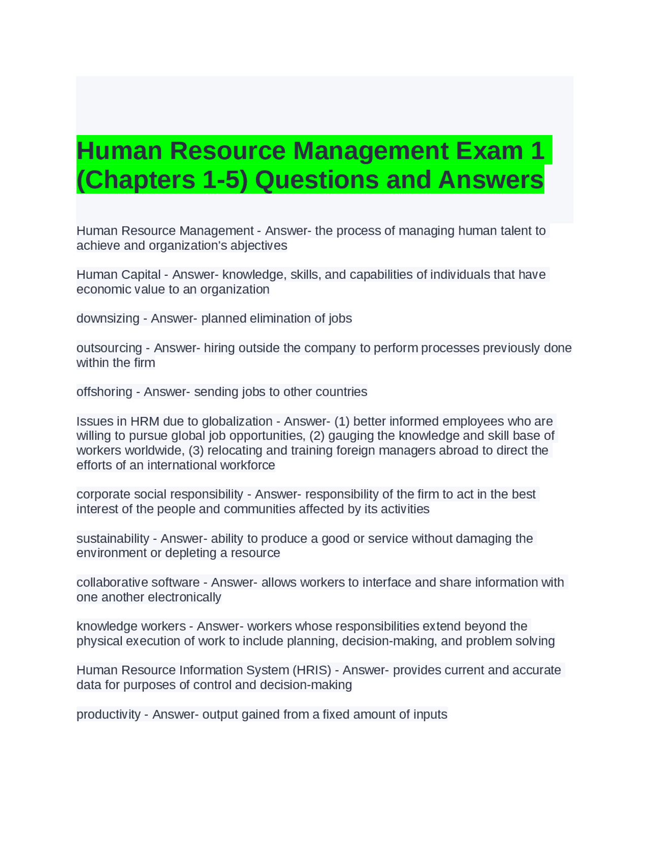 Human Resource Management Exam 1 (Chapters 1-5) Questions and Answers ...